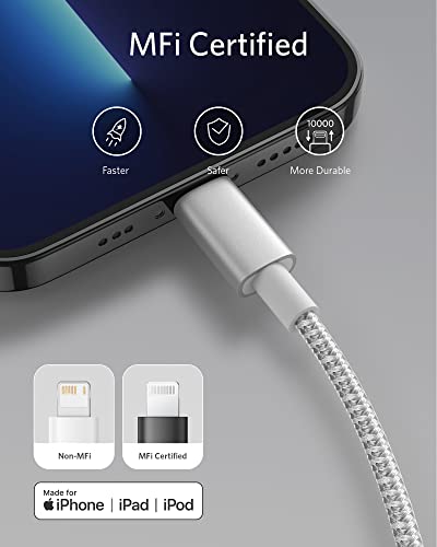 Anker Nylon USB C to Lightning Cable [10ft MFi Certified] for iPhone 13 13 Pro 12 Pro Max 12 11 X XS XR 8 Plus, AirPods Pro, Supports Power Delivery (Silver)
