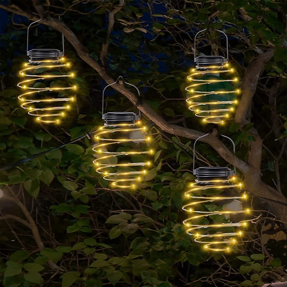 Creative Iron Art Lanterns, 4 Pack Solar Spiral Lights,LED Hanging Decorative Lamp for Outdoor, With Hanging Design For Garden, Patio, Porch Garden Home Decoration Light