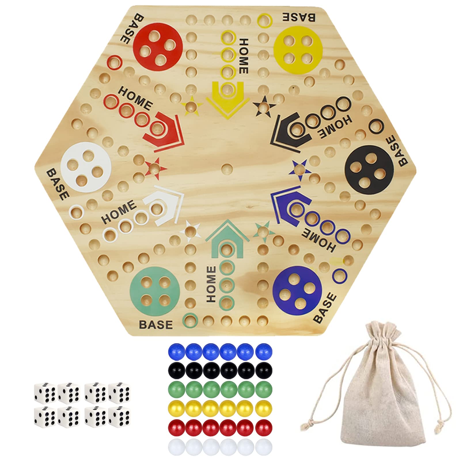 MUCITAGF Original Marble Game Wahoo Board Game 16-Inch Double Side Painted Wooden Fast Track Board Game for 6 Player and 4 Player, 6 Colors 36 Glass Marbles 8 Dice for Family Game Night, Friends Party