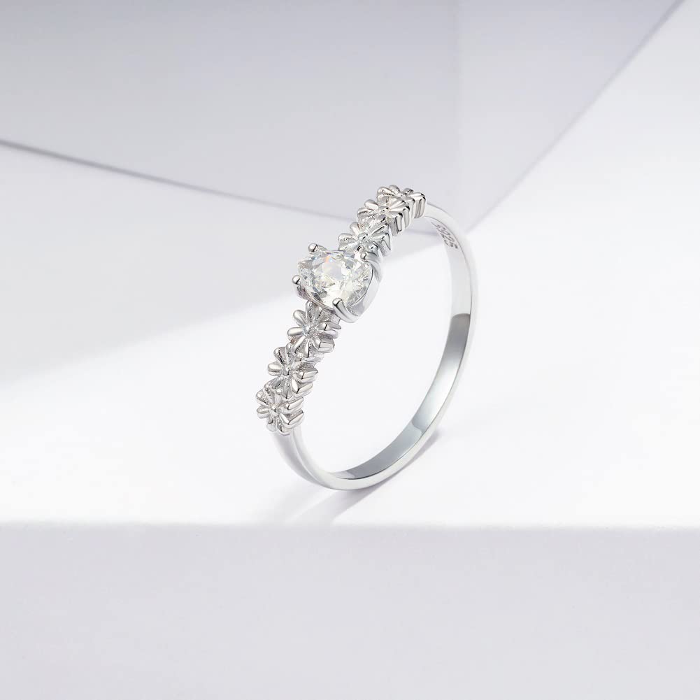 AMBCESSER Hypoallergenic 925 Sterling Silver Daisy Flower & Teardrop Cubic Zirconia Engagement Ring Size 8