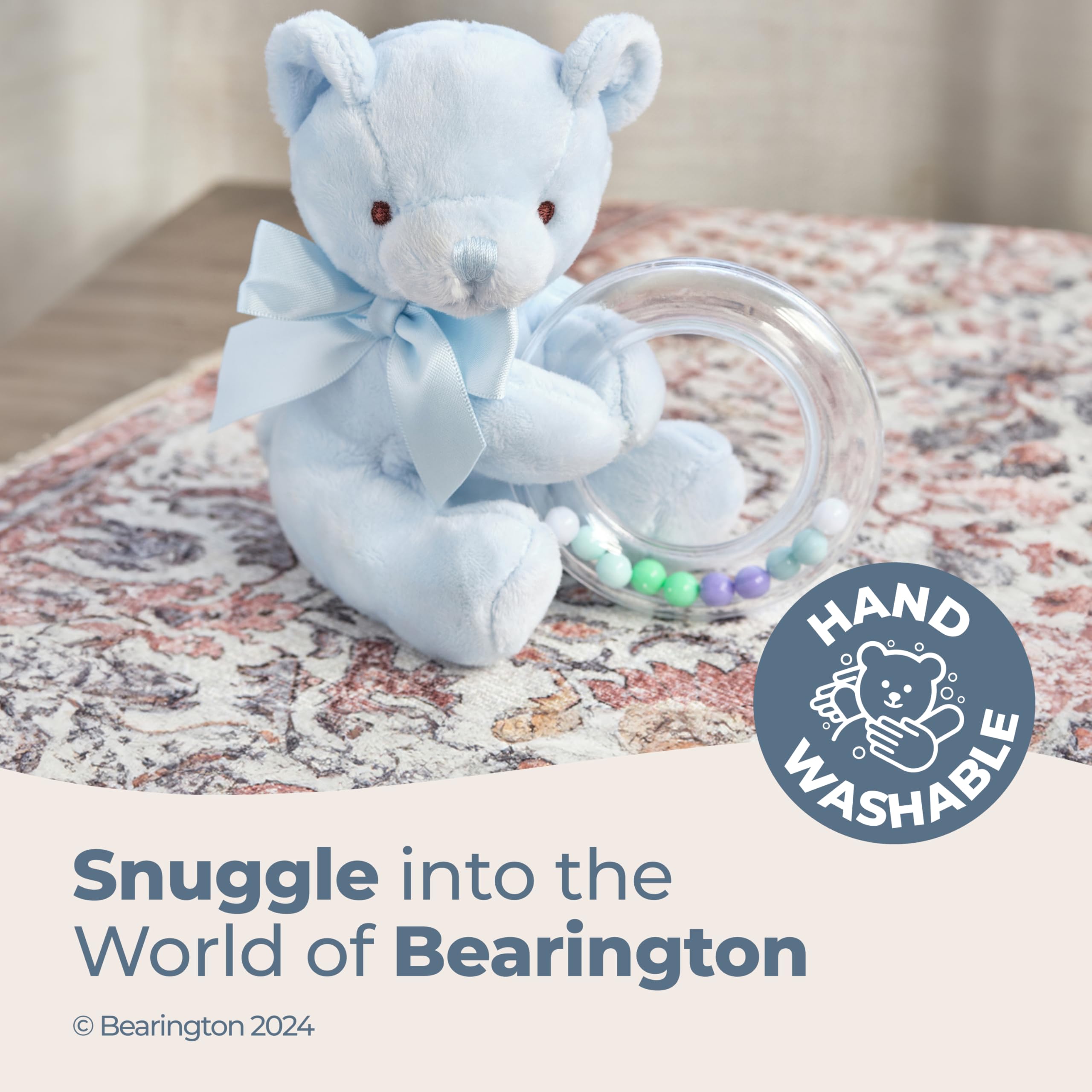 Bearington Baby Polky Blue Plush Stuffed Animal Teddy Bear Shaker Toy Ring Rattle, 5"