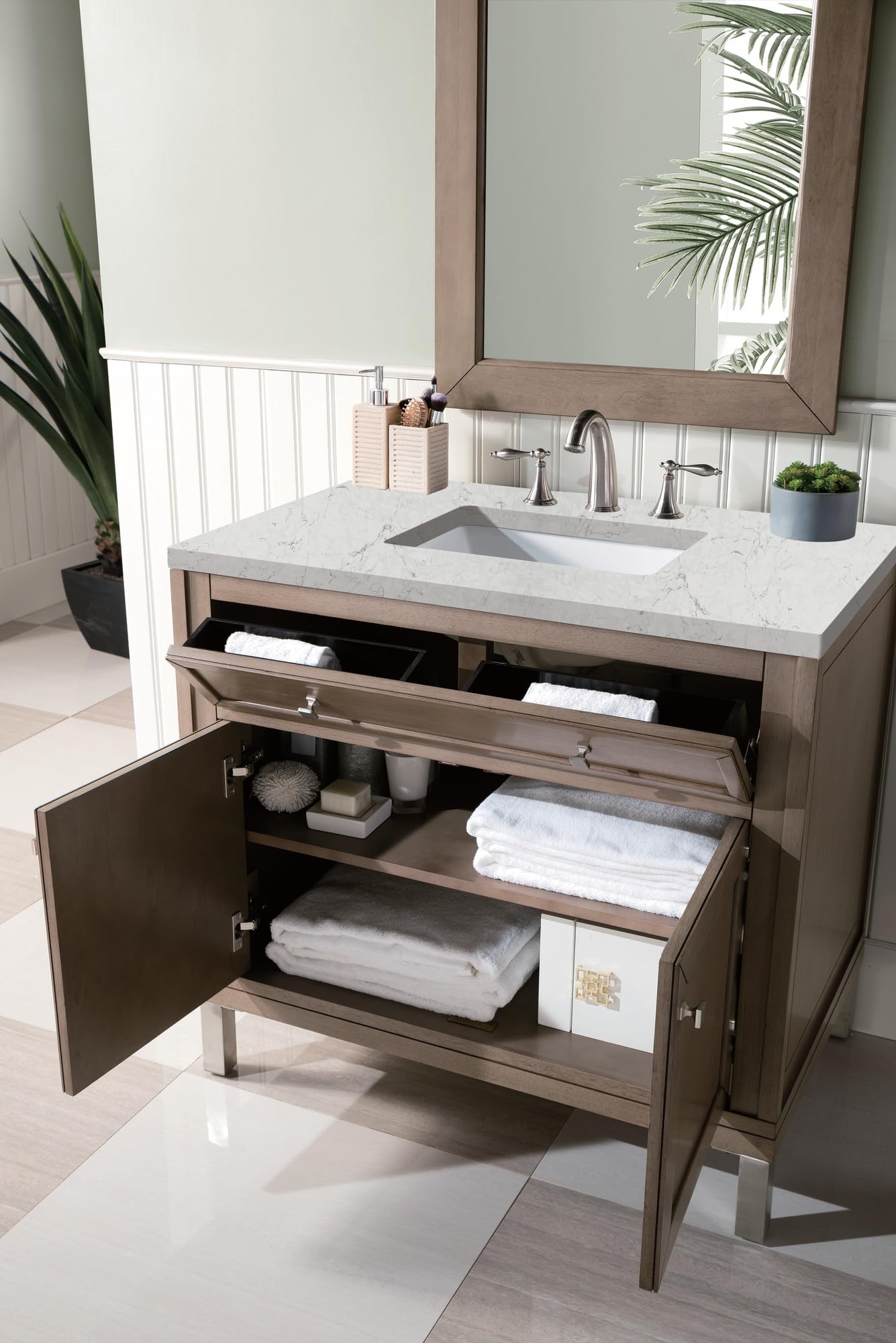 Chicago 36" Single Vanity, White Washed Walnut, with 3 CM Eternal Jasmine Pearl Quartz Top w/Sink