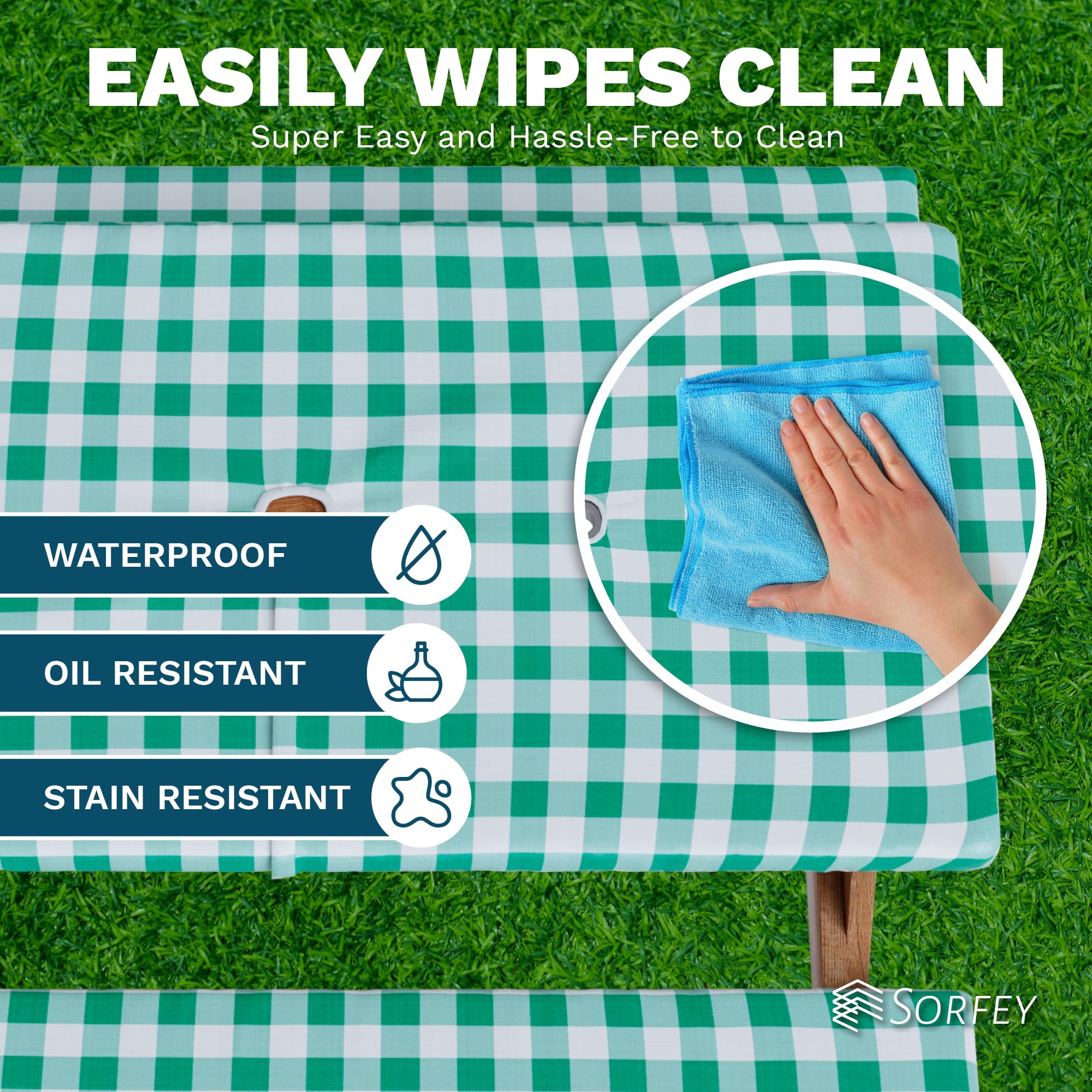 Sorfey Vinyl Umbrella Picnic Table and Bench Fitted Tablecloth Cover, Checkered Design, Flannel Backed Lining, 30x72 Inch, 3-Piece Set, Blue