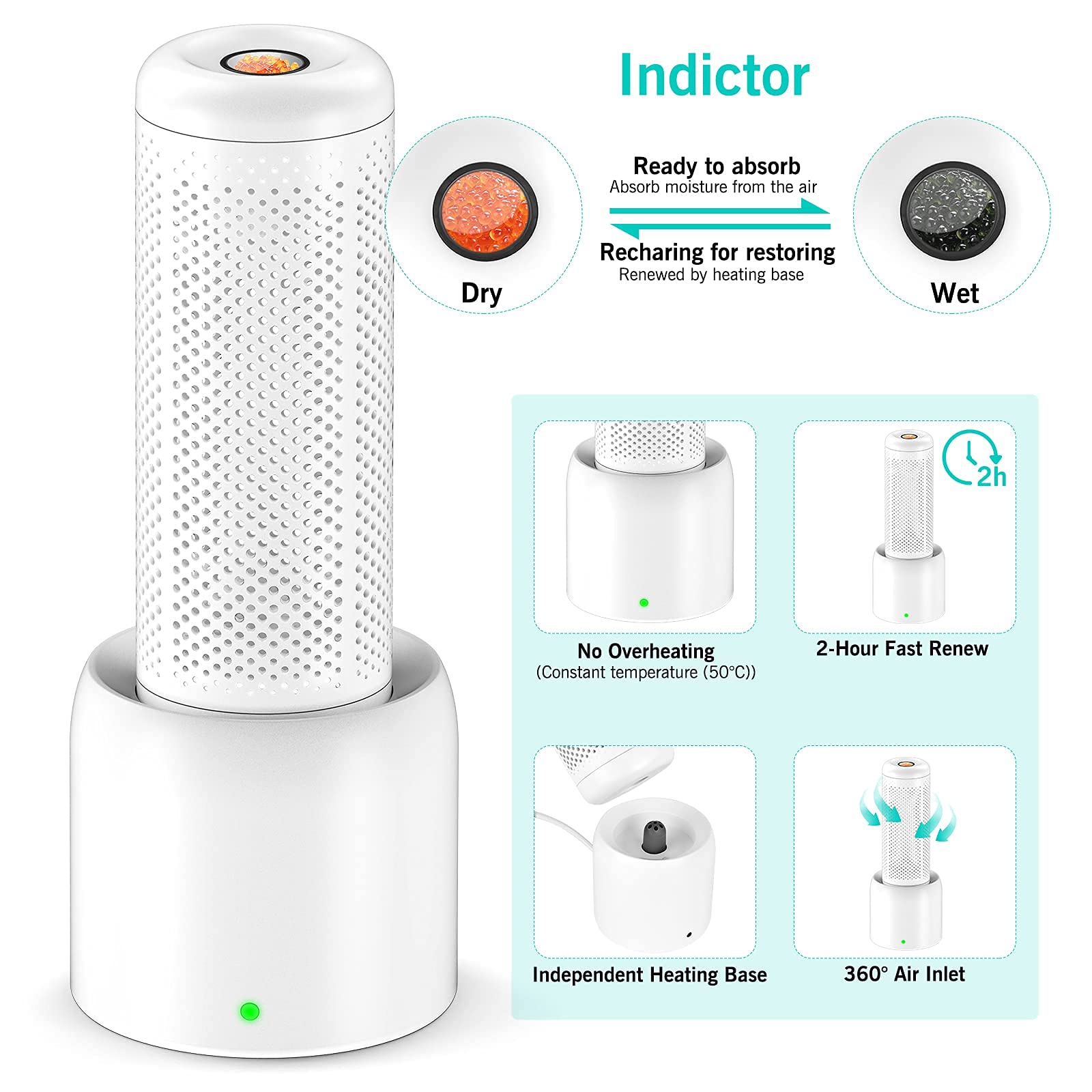 Dehumidifier Gun Closet Moisture Absorber - Reusable Room Damp Rid Desiccant Safe Rechargeable Remove Humidity Bathroom Dry Cordless Silica (White)