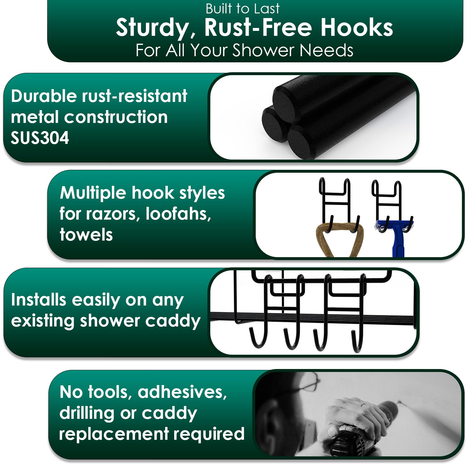 Jovware Shower Caddy Hook Helmet Fence Hooks Hook Caddy Hooks for Hanging Wires Hooks for Wire Shelves Heavy Duty Rustproof Hook Utility Hooks 4 Pack Black
