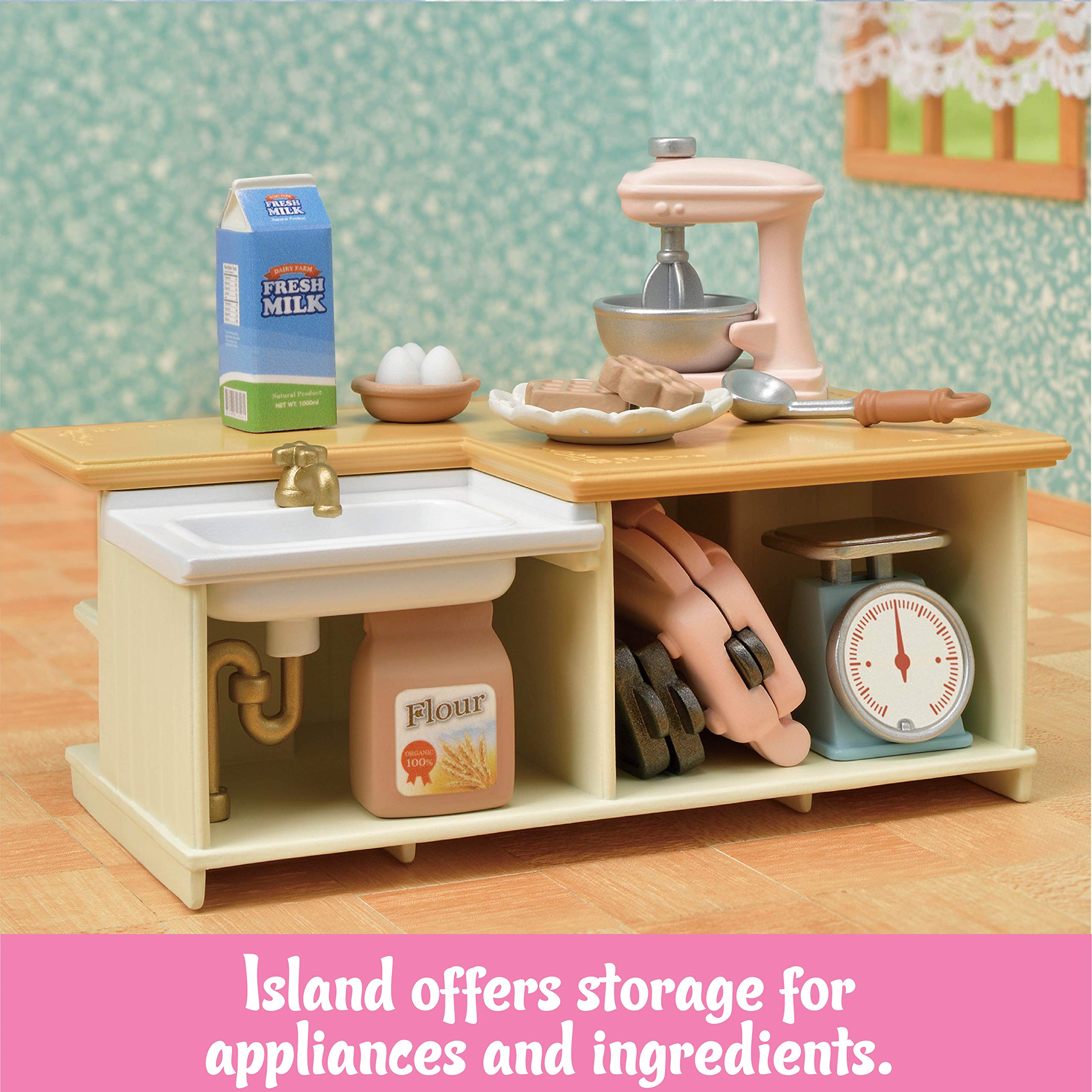 Calico Critters Kitchen Island - Toy Dollhouse Furniture and Accesories Set - Enhance Your Dollhouse with a Functional and Interactive Cooking Center