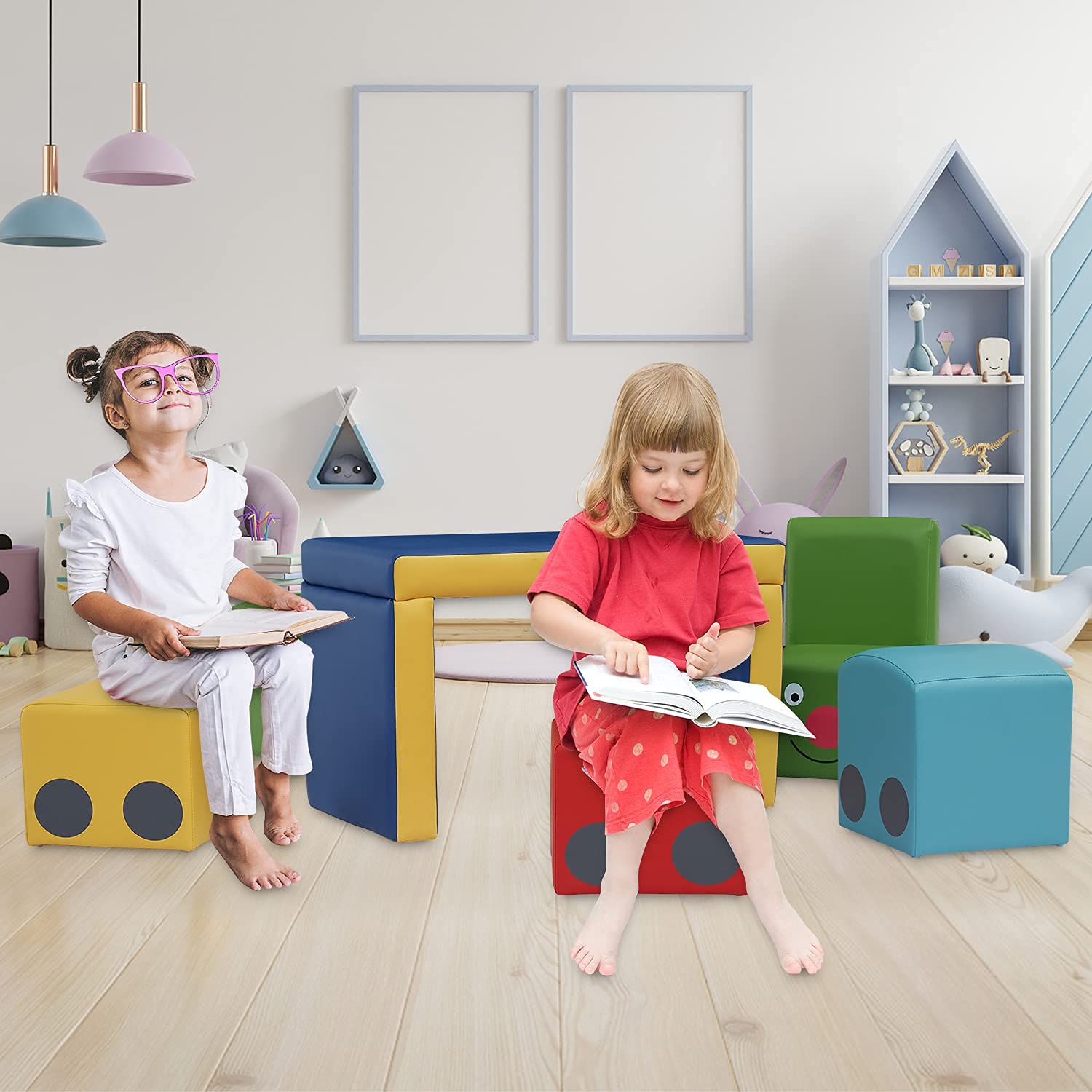 Kinsuite 5 Pcs Kids Sofa Set - Soft Foam Stool Colorful Cartoon Leather Chair for Classroom Daycares Kindergarten Nursery Train