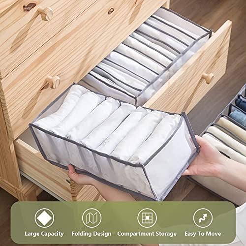 DacDark Wardrobe Clothes Organizer, 7 Grids Jeans Compartment Storage Box Closet, Folding Drawer For Clothing Mesh Separation, Transparent Divider For Stacking Pants Organizer Leggings