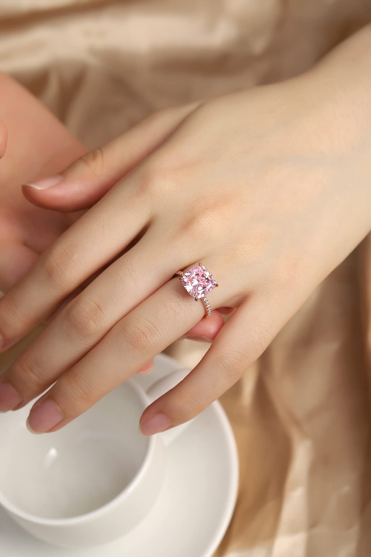 ANSTERGEMS 5CT Pink Zirconia Ring Cube Zirconia S925 Silver With Rose Gold Plated Ring CZ Engagement ring Wedding Anniversary Band Jewelry