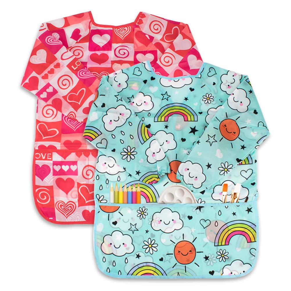 CUBACO 2 Pack Kids Art Smock Kids Waterproof Painting Apron Children's Artist Apron with Long Sleeve and 3 Pockets
