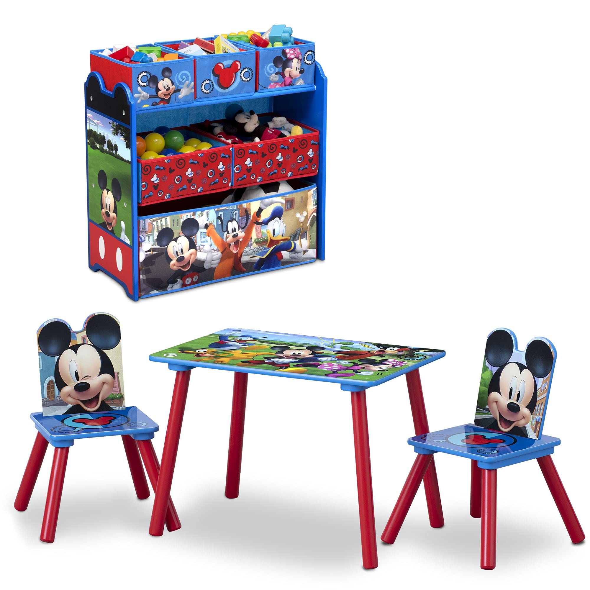 Mickey Mouse 4-Piece Playroom Solution β Set Includes Table and 2 Chairs and 6-Bin Toy Organizer