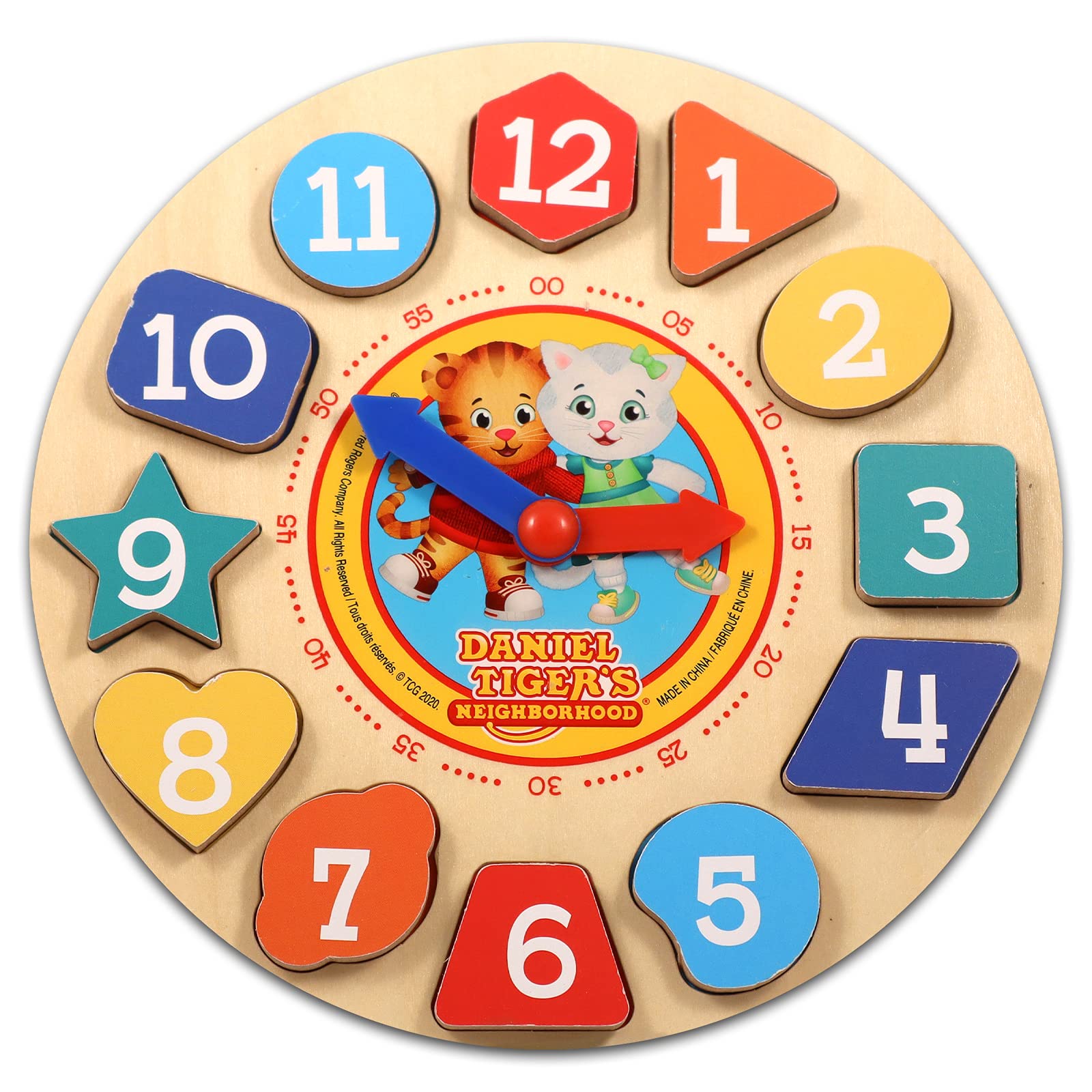 Daniel Tiger Clock Puzzle Shape Sorting Game for Toddlers, Kids ~ 4 Pc Learning Toy Bundle with Daniel Tiger Wooden Clock, Stickers, and More (Daniel Tiger Wood Toys)
