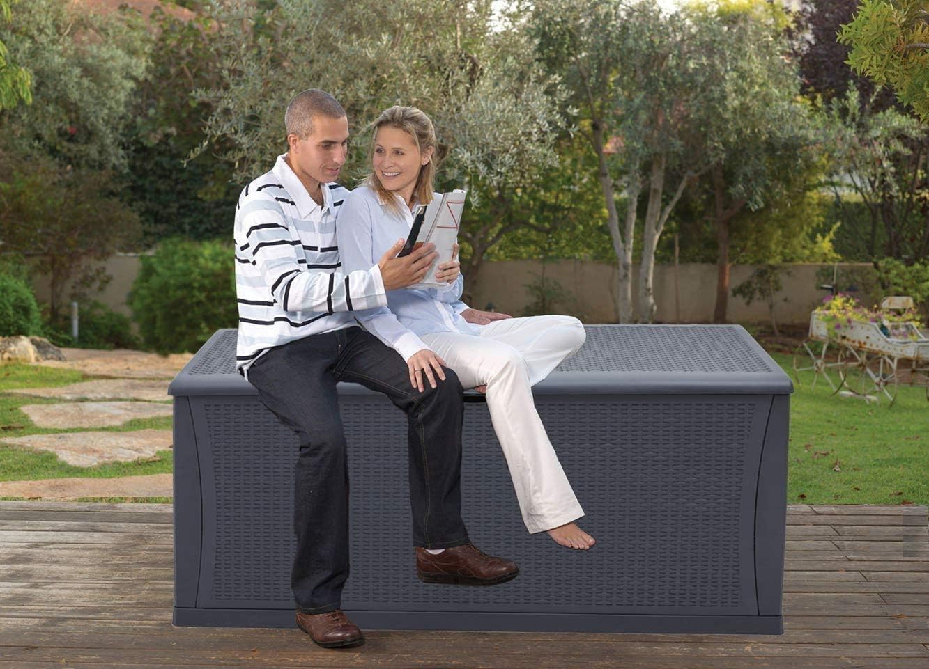 Brightpeak 120 Gallon Outdoor Storage Deck Box Gray Wicker Pattern Container Cabinet Storage for Patio Furniture Cushions, Pillows, Garden Tools, Black
