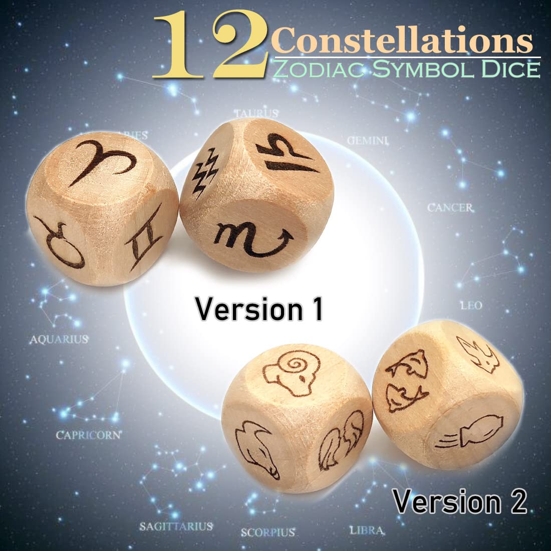 Hometu 4Pcs/Set Creative Zodiac Dice Set - 2 Pairs 12 Constellation Symbol Pattern Dices for Game Divination Accessory (Version1+Version2)