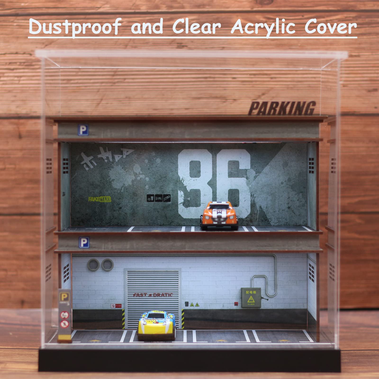 Hot Diecast Wheels Display Case - 1/64 Scale Die-cast Model Car Display Case with LED Light and Acrylic Cover, Wooden Parking Garage in 3 Floors with 10 Parking Spaces (86)