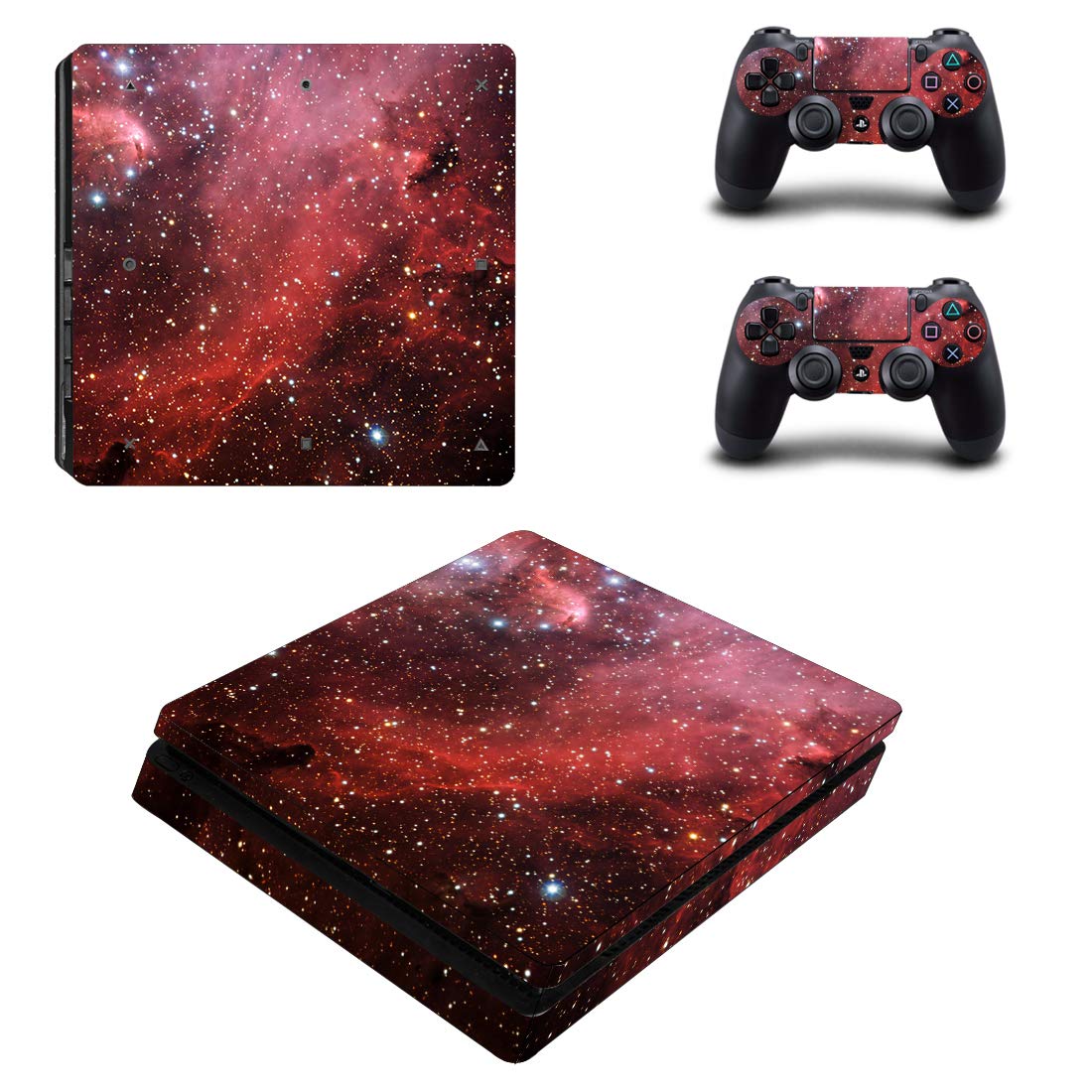 FOTTCZ Whole Body Vinyl Sticker Decal Cover for Playstation 4 Slim Console and Two Controller - Red Nebular