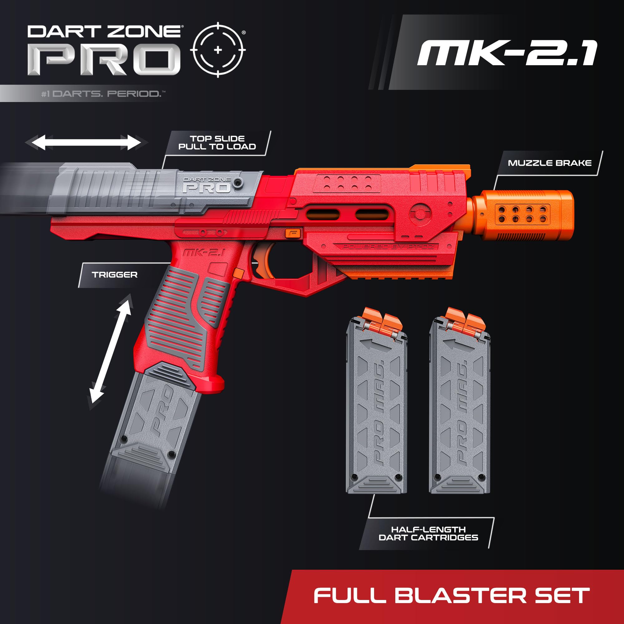 DART ZONE Pro-Series MK-2.1 Foam Dart Blaster β 150 FPS Foam Dart Gun for Adults β Soft Bullet Toy Gun for Ages 14+ β 18 Half Length Darts, 3 Mags, Eyewear, Holsters β Toy Pistol Blaster, 125 ft Range