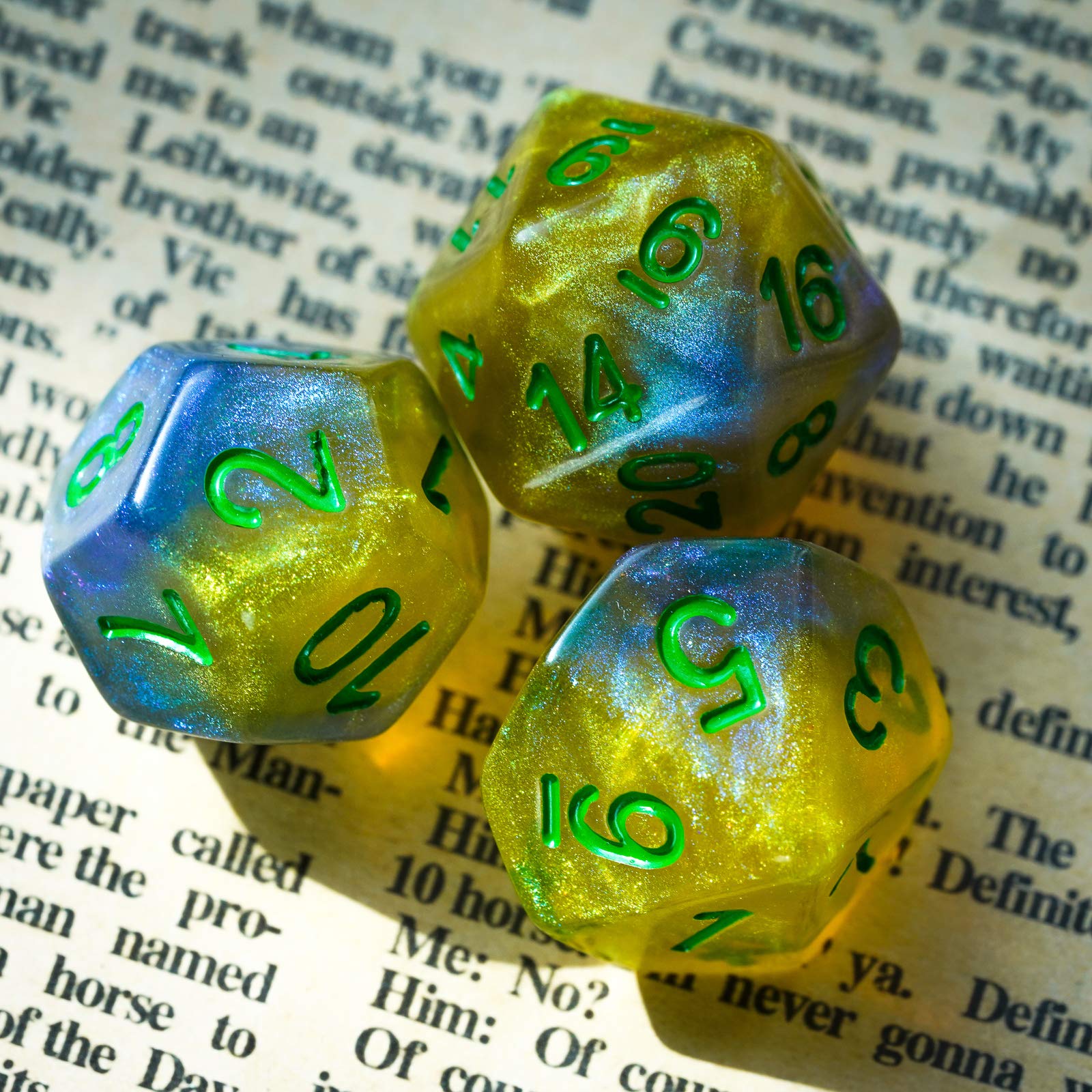 Cusdie 7-Die Resin DND Dice, Polyhedral Dice Set, for Role Playing Game Dungeons and Dragons D&D Dice MTG Pathfinder (Yellow/Blue Green Numbers)