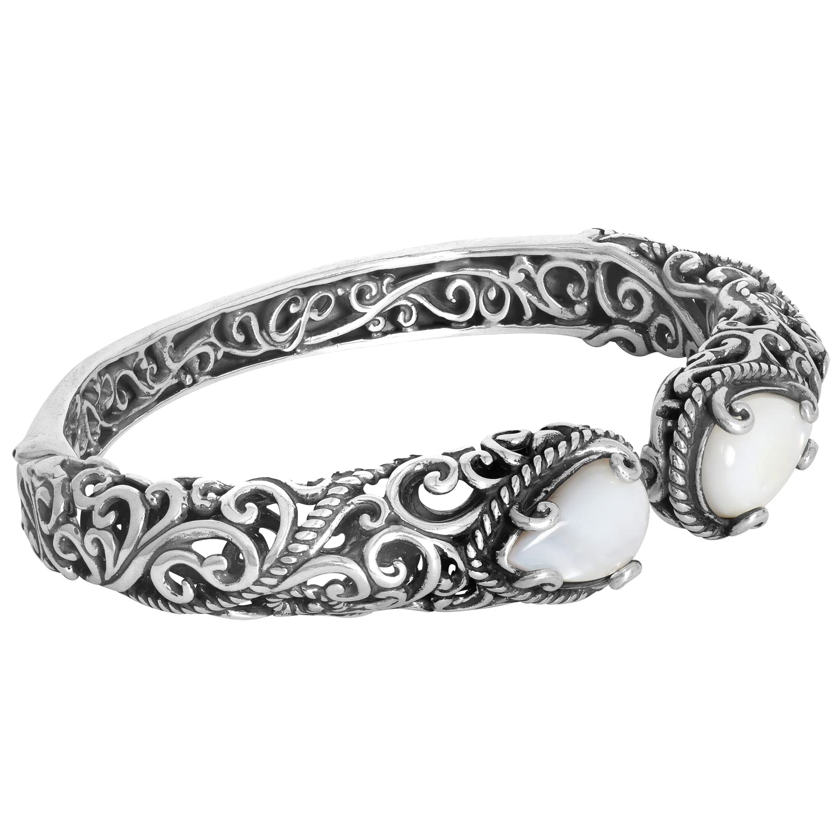American West Sterling Silver Women's Cuff Bracelet White Mother of Pearl Gemstone Filigree Design Size M