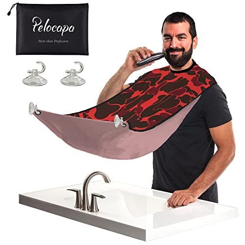 Beard Shaving Bib Non-stick Beard Grooming Catcher Beard Trimming Styling Bib with 2 Suction Cups and Storage Bag (Red)