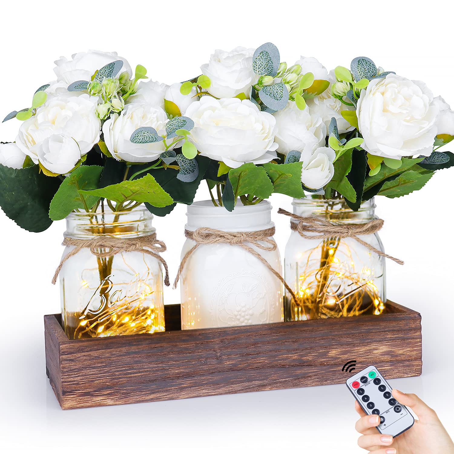 Fowecelt Mason Jar Lights Centerpiece Decorative Wood Tray with Artificial Rose Flowers, Rustic Country Farmhouse Home Decor for Herb Plants Coffee Table Dining Room Living Room Kitchen Garden