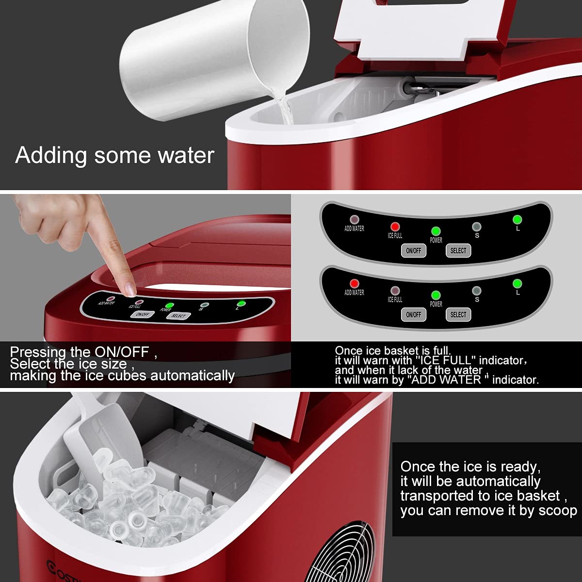 MAT Expert Portable Countertop Ice Maker, 26LBS/24H Mini Ice Cube Machine w/6 Min Processing 9 Cubes, Control Panel, 2.2L Water Tank & 1.5lbs Ice Storage, Ice Scoop for Party Mixed Drinks (Red)