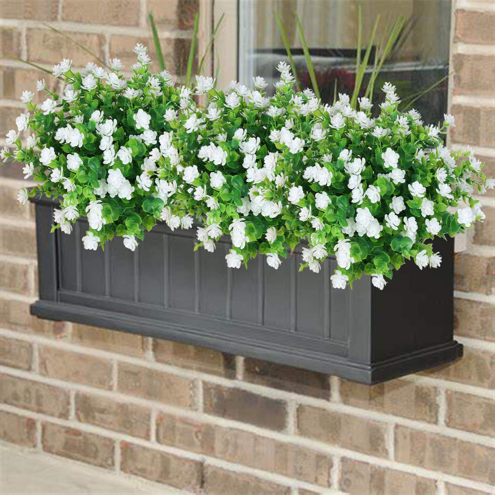 Flojery 6Pcs Artificial Flowers UV Resistant Fake Flower Greenery Eucalyptus Plants with Flower for Porch Window Box Home Garden Decor (White)