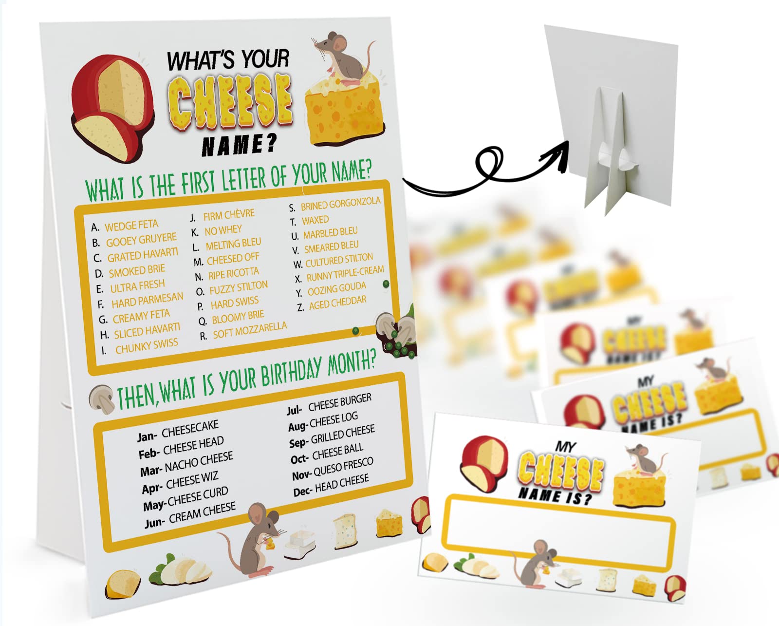 What's Your Cheese Name Game (1 Cheese Theme Sign and 30 Name Tag Stickers), Cheese Game Party Decoration, Birthday Game for Kids, Family Game-12