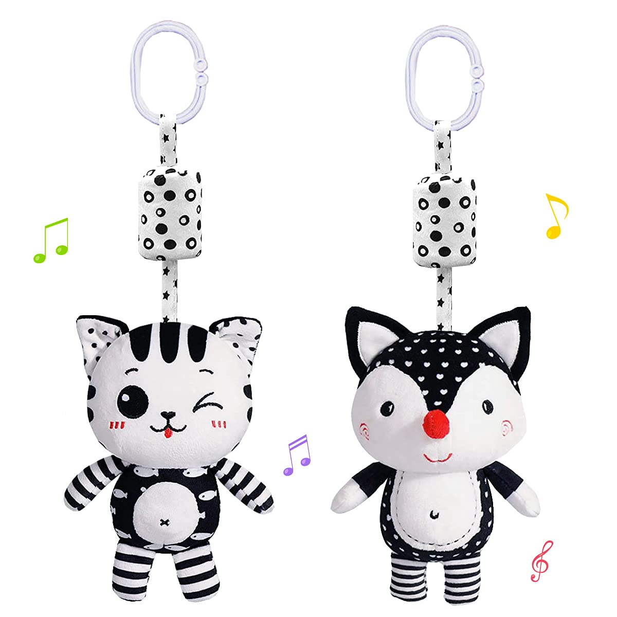 Cute Hanging Stroller Car Seat Toys for Baby, C Clip Hanging Animal Soft Toys with Rattles BB Squeaker Distorting Mirror for Boys Girls 0-36 Months (Black-White)