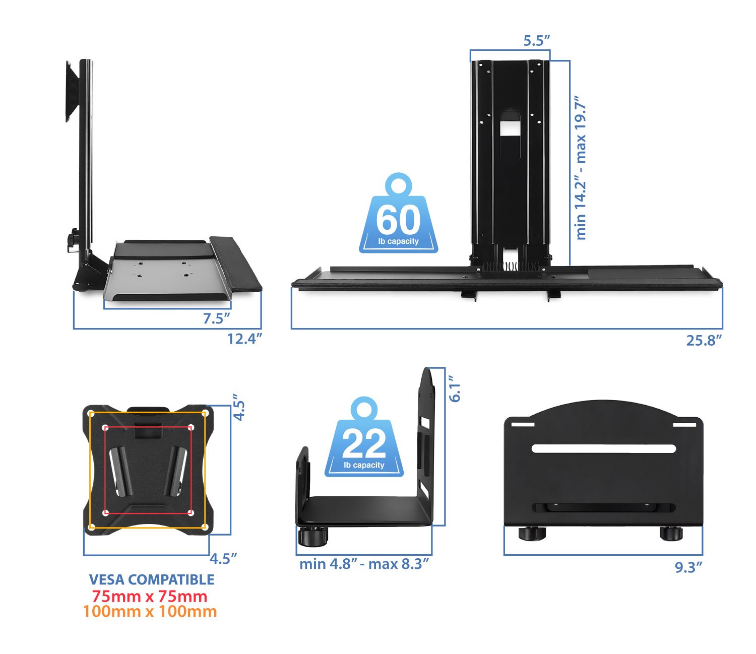 Mount-It! Monitor and Keyboard Wall Mount with CPU Holder, Height Adjustable Standing VESA Keyboard Tray, 25 Inch Wide Platform with Mouse Pad (MI-7919)