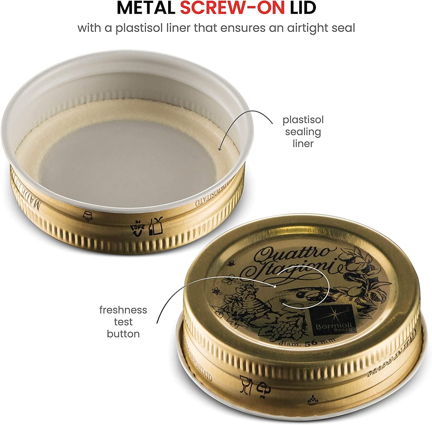 Bormioli Rocco naaa Rocco 2-1/4", 56mm Quattro Stagioni, 3 Pack of 56 mm Lids, Gold