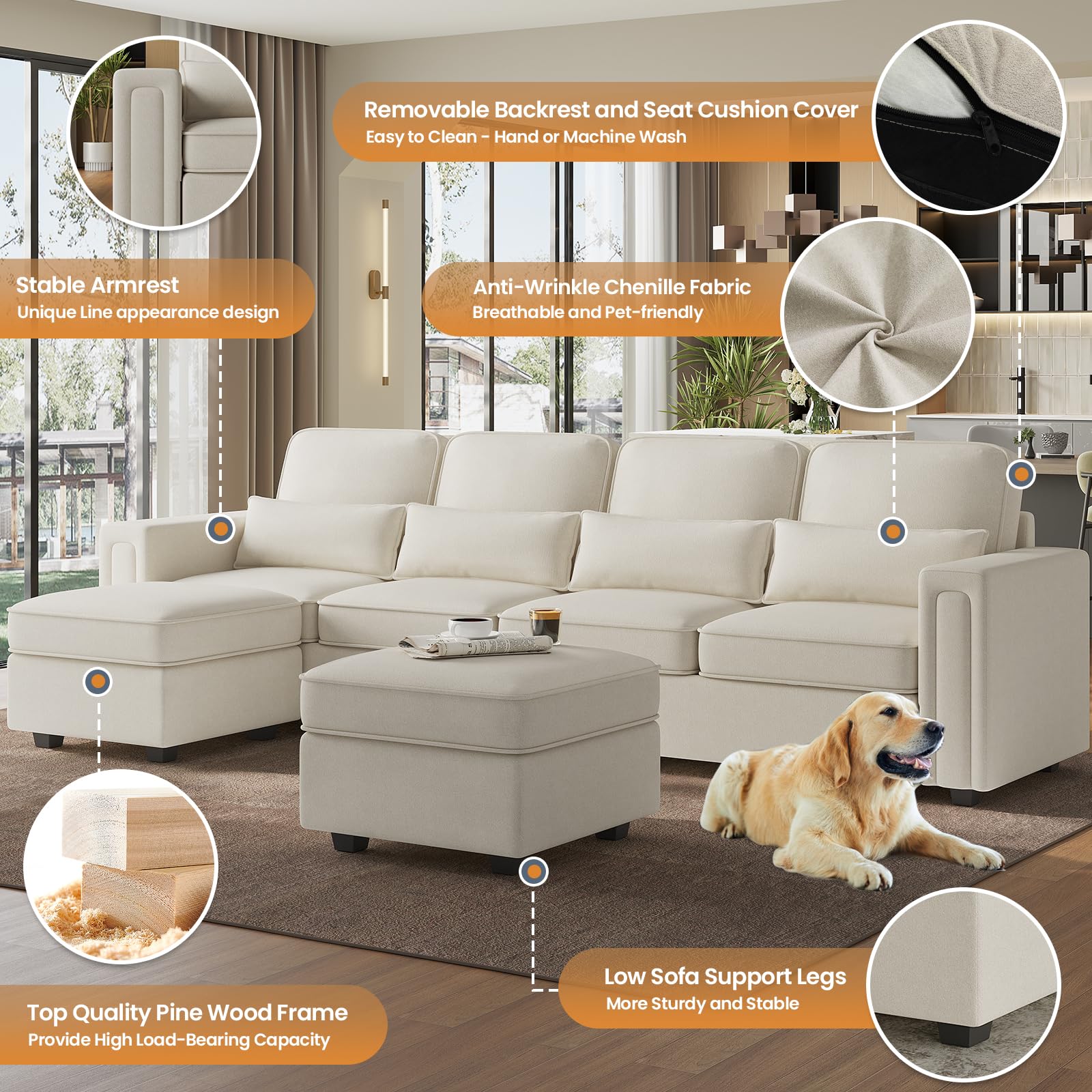 Brinlawb Sectional Sofa with Storage 110'' Convertible U Shaped Modular Sofa Couch with Reversible Chaise and Waist Pillow 6 Seater Chenille Sectional Couches with Ottomans for Living Room,Beige
