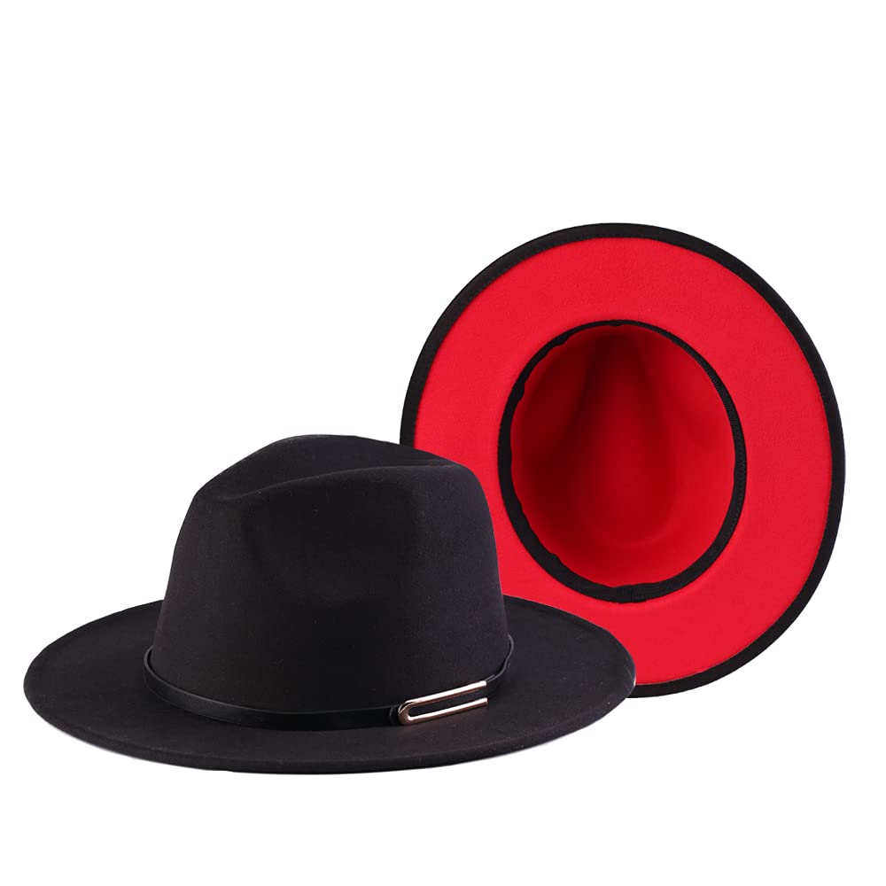 Anycosy Two Tone Fedora Hat for Women Felt Jazz Hats Wide Brim Panama Caps(A01-Black/Red)
