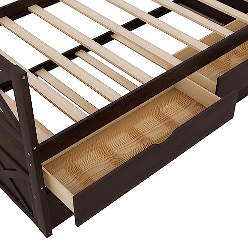 Brisca Twin Size Multi-Functional Daybed with Two Drawers and Trundle,Solid Pine Wood Bed W/X Frame On Side,for Guest Room,Bedroom,Espresso