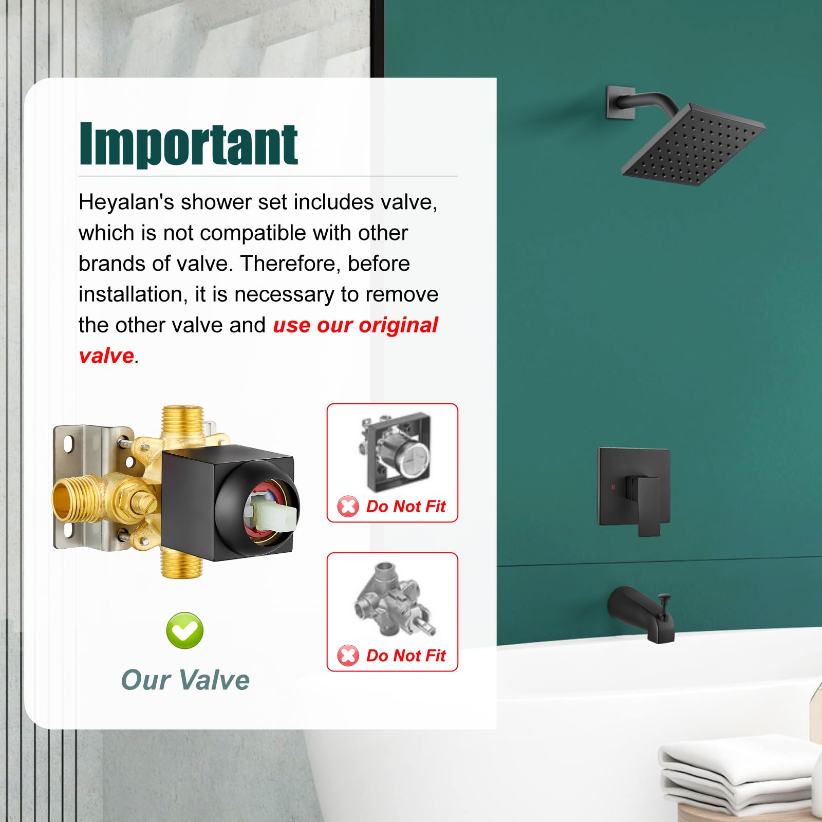 Heyalan Bathtub Shower Faucet Set,6 Inch Square Shower Trim Kit Single Handle Shower System,Showerhead and Handle Set Male Thread Pressure Balance Valve,With Tub Spout,Matte Black
