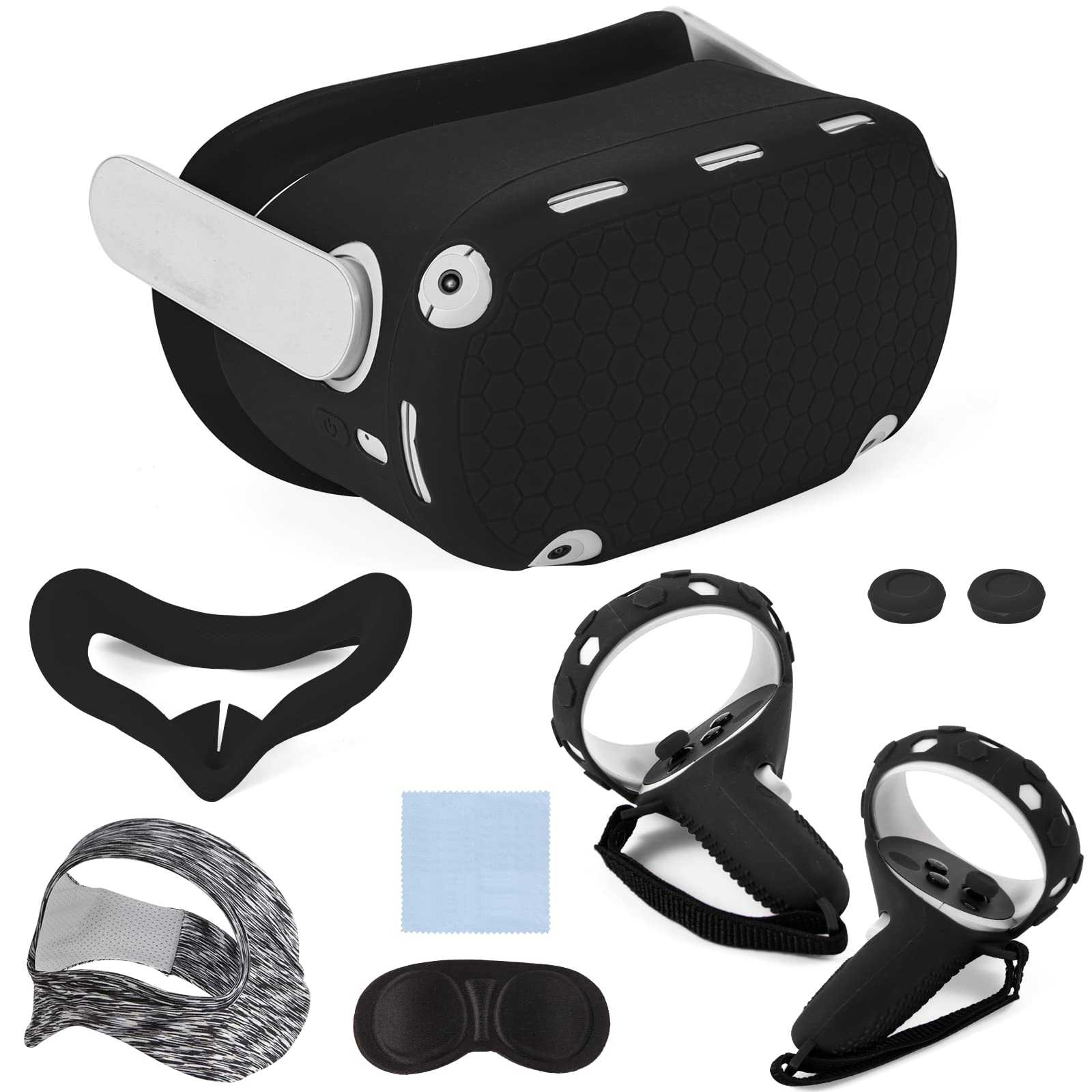 AMLINK VR Silicone Cover Accessories for Oculus Quest 2, VR Shell Cover Protective, Silicone Face Cover, Adjustable Strap Controller Grip Cover and Remote Sensing Rod Cap(Black)