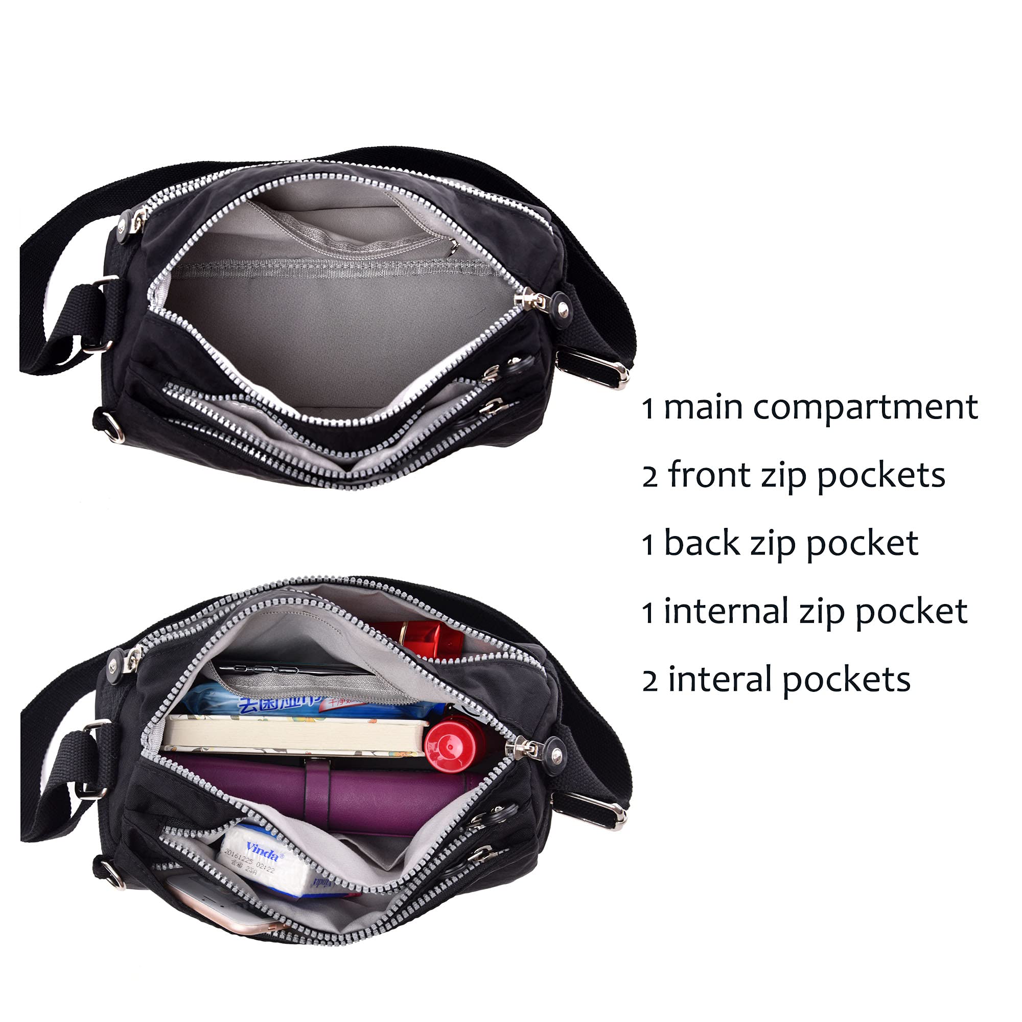 Cross Body Bags Small Women Messenger Purse over Shoulder Bag Nylon with Multi Pockets for Ladies and Girls (Black)