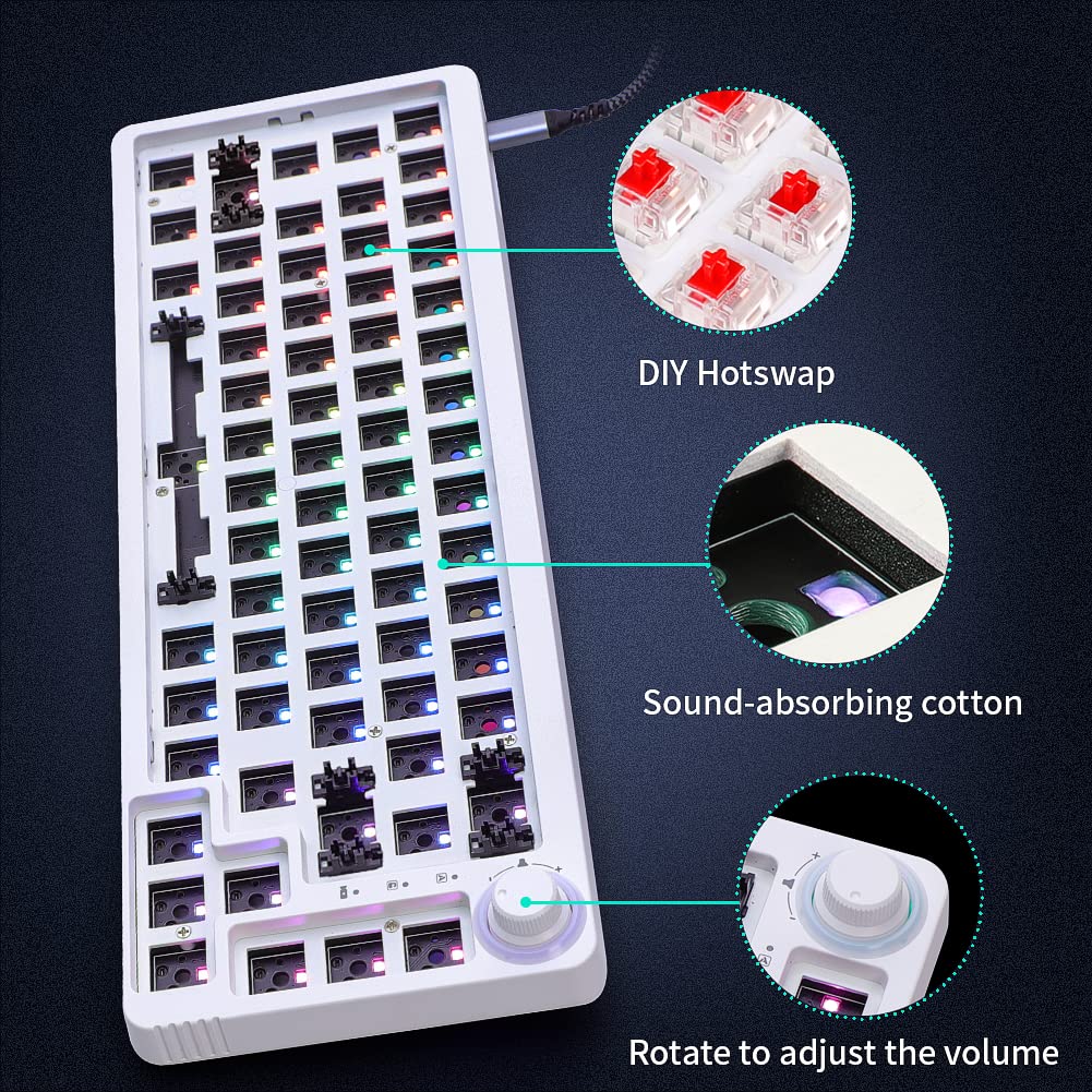 GK68 RGB Hot-Swappable Programmable Junction Box Can Be Replaced with Switch DIY Mechanical Keyboard Kit, Support AKKO, Cherry MX, Gateron, Kailh Mechanical Axis (White, White)