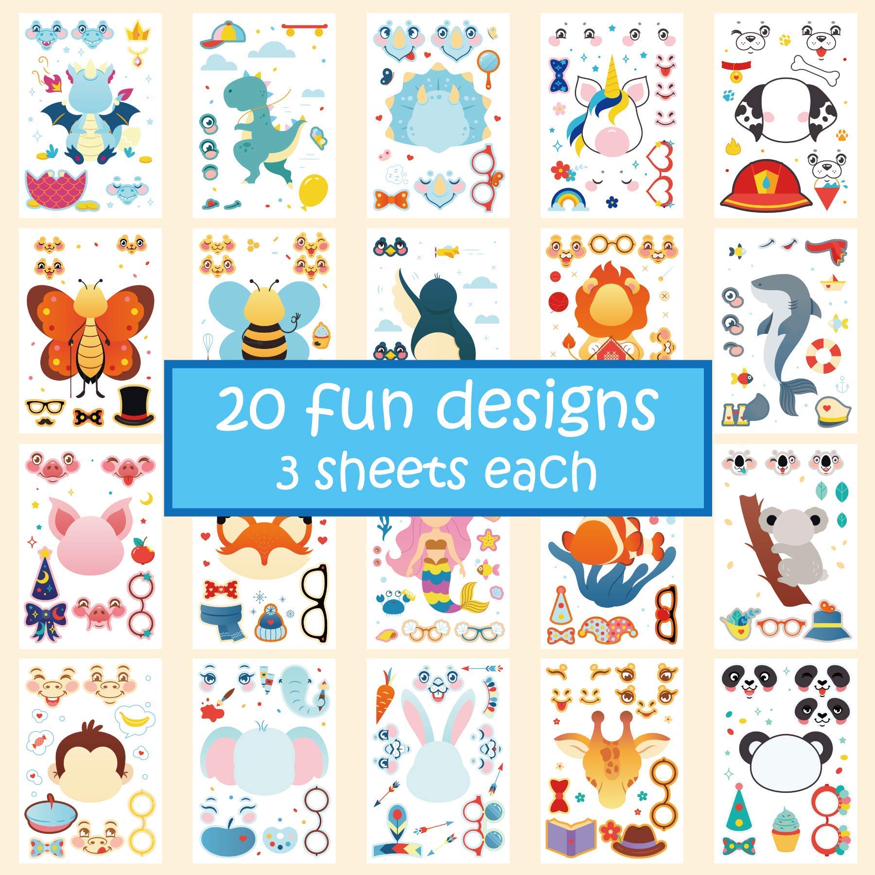 Gooji DIY Make Your Own Stickers for Kids, 60 Sheets Over 1,200 Stickers, 20 Funny Characters and Animals, Customizable Faces with Accessories, Reusable for Party Favors or Arts and Crafts Projects