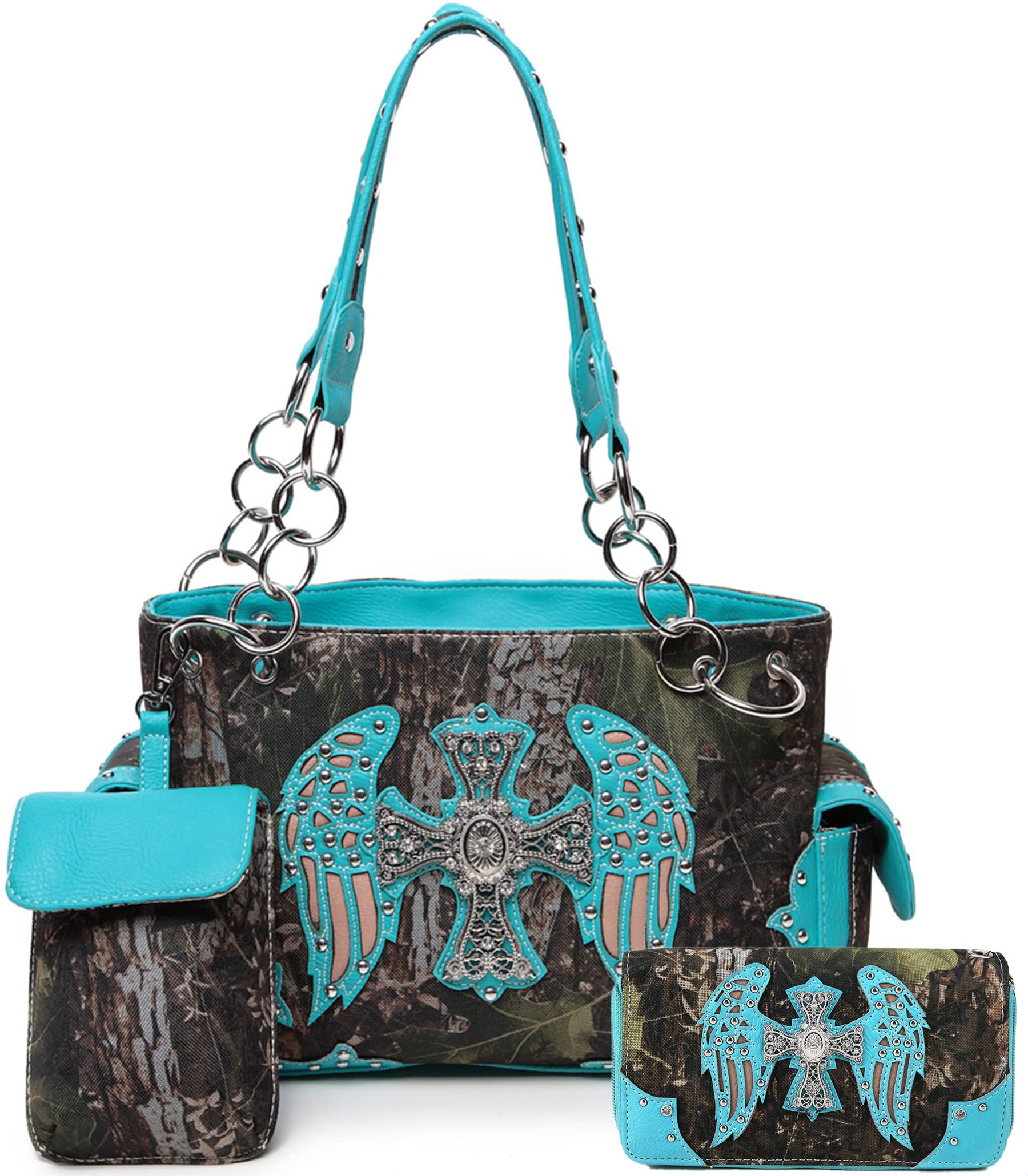 Camouflage Cross Western Style Studded Handbag Concealed Carry Purse Country Women Shoulder Bag Wallet (Turquoise Set)