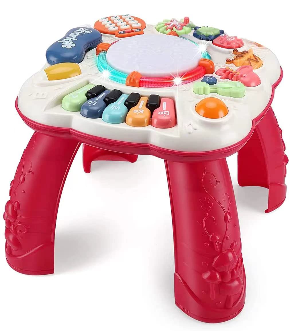 Dahuniu Baby Toys 6 to 12 Months, Learning Musical Table, Activity Table for 1 2 3 Years Old, 11.8 x 11.8 x 12.2 inches (Red)