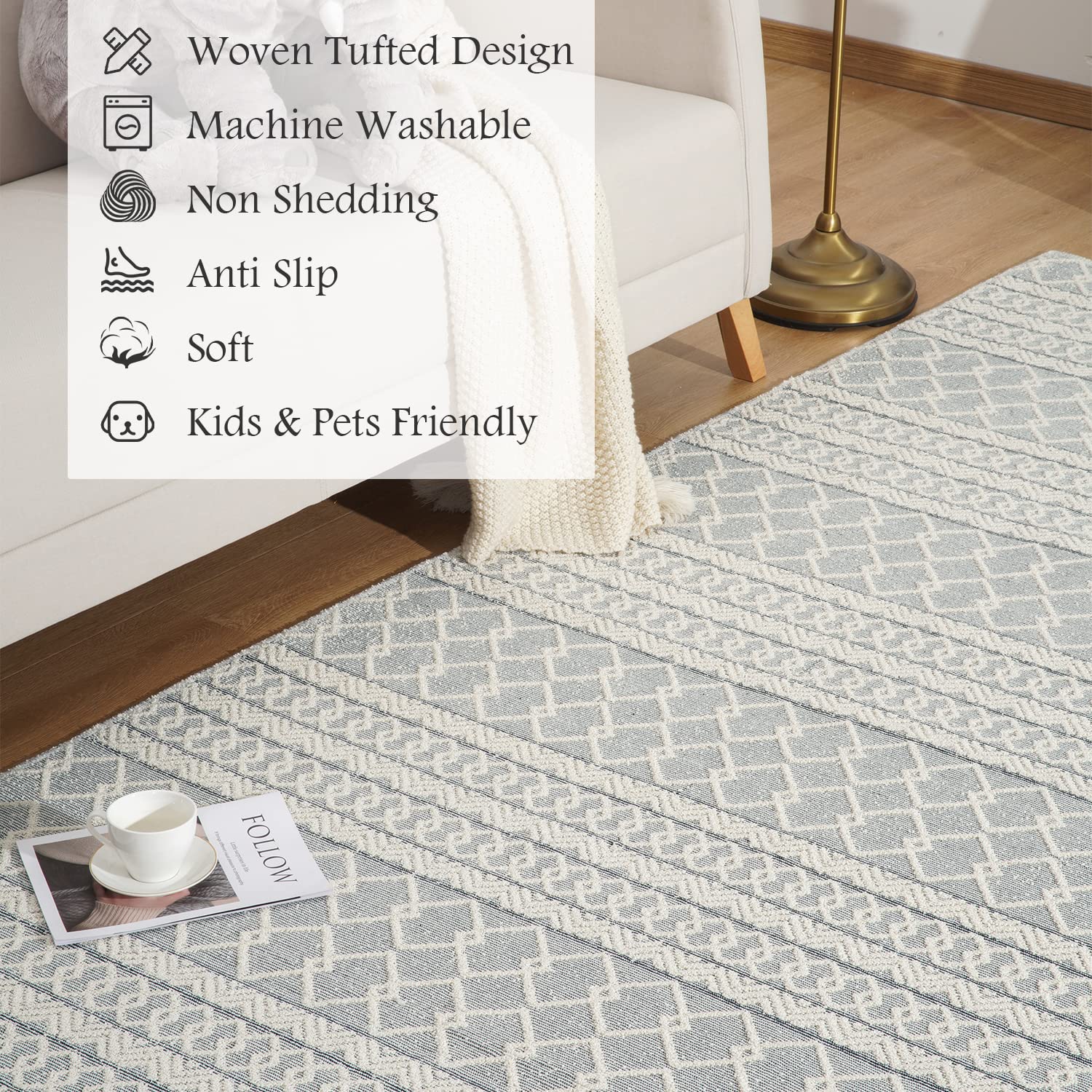 Small 3 x 5 Area Rug, Woven Tufted Boho Door Mat Indoor Entrance Carpet Machine Washable Rugs for Living Room Bedroom Laundry Entryway