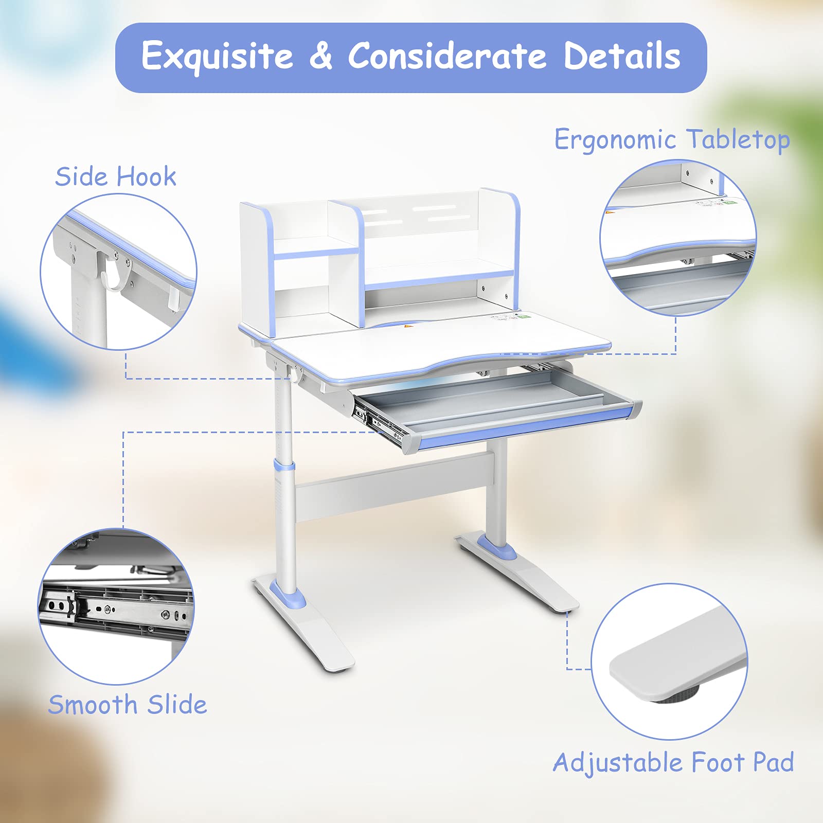 Costzon Kids Desk, Height Adjustable Children Study Desk w/Tilt Desktop, Storage Drawer, Book Shelf, Metal Hook, Writable Tabletop for Writing, Painting, Reading, Multifunctional Student Desk, Blue