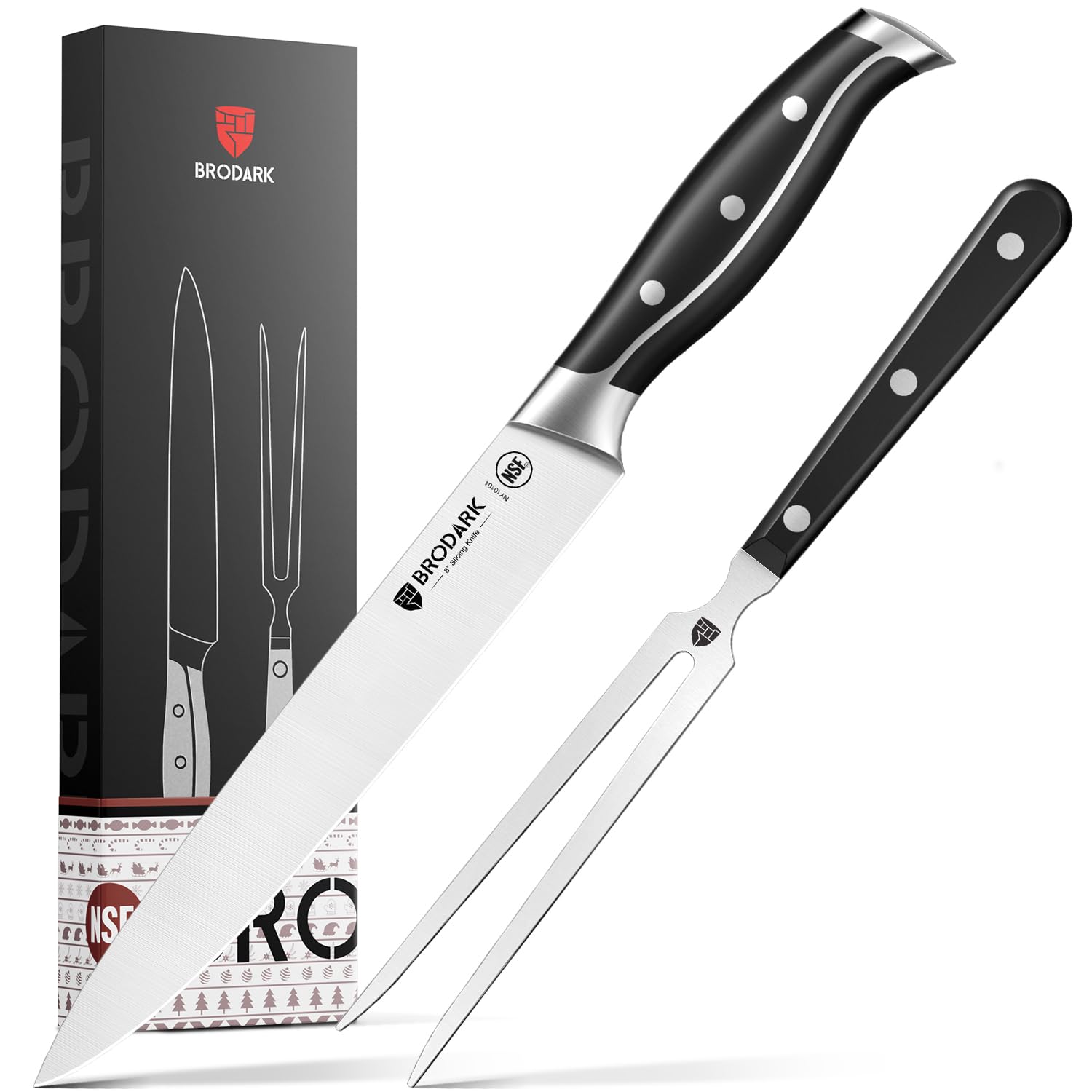 BRODARK Carving Knife, German Stainless Steel Carving Knife and Fork Set, 8 Inch Kitchen Knife for Meat, Turkey, BBQ, Full Tang Ergonomic Handle Brisket Slicing Knife with Gift Box