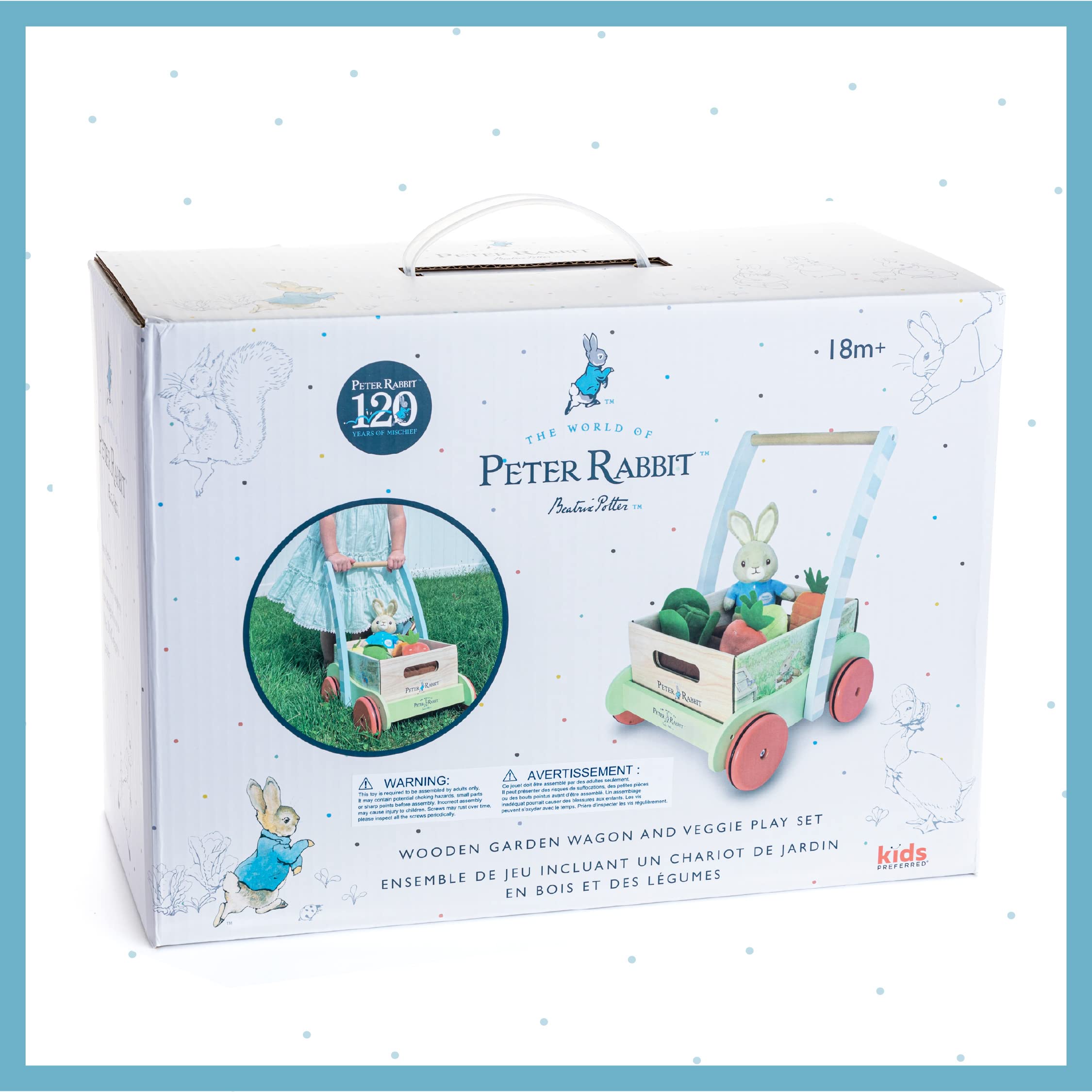 KIDS PREFERRED Beatrix Potter Peter Rabbit Wooden Garden Wagon and Plush Veggie Play Set, (24228)