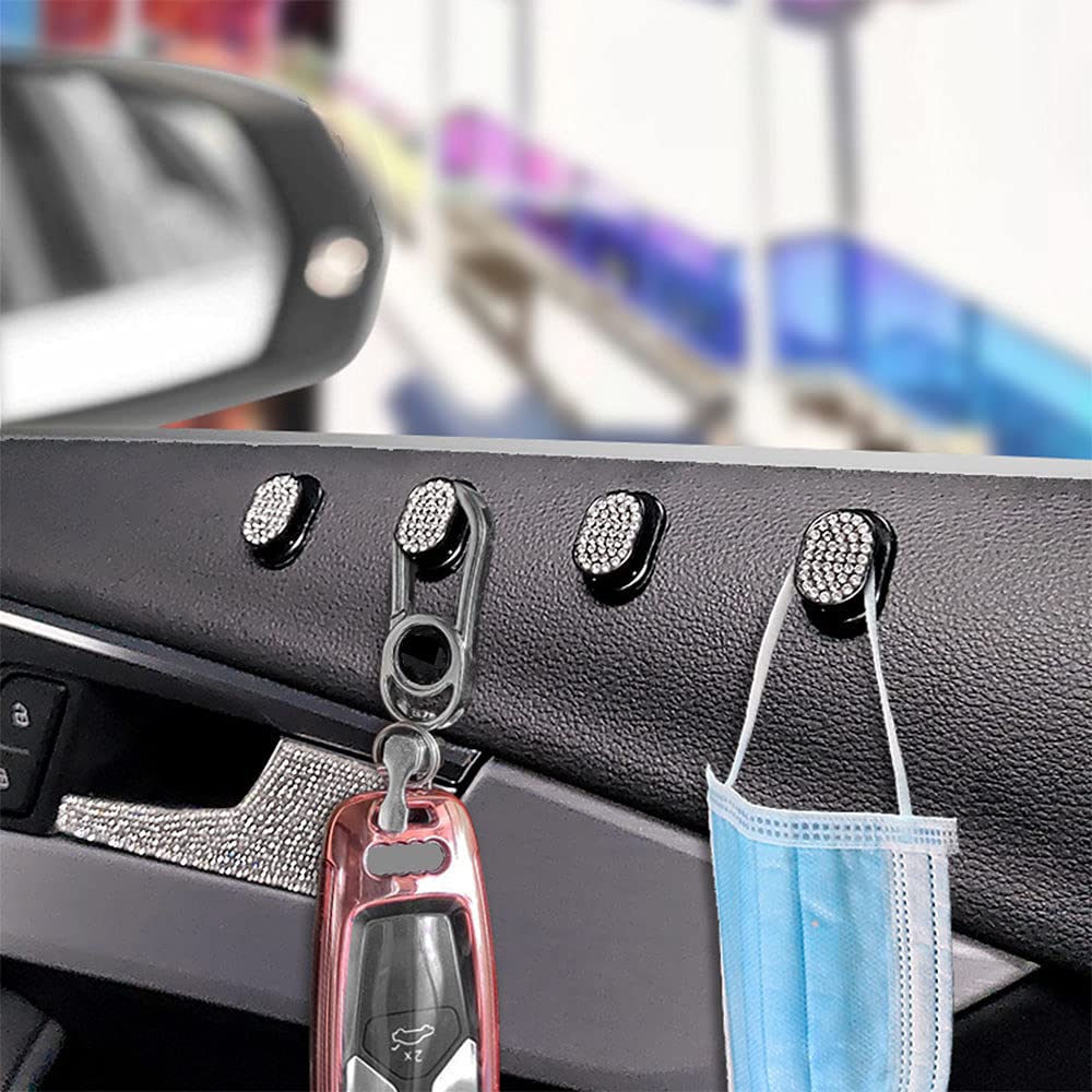 MINGZAIQIPEI Bling Car Mini Hooks, Crystal Adhesive Hook for Hat Coat Towel Key, Decorative Diamond Car Hooks Stick on Dashboard, Wall Hanging Mask Holder for Home and Car,4 Pack (Black)