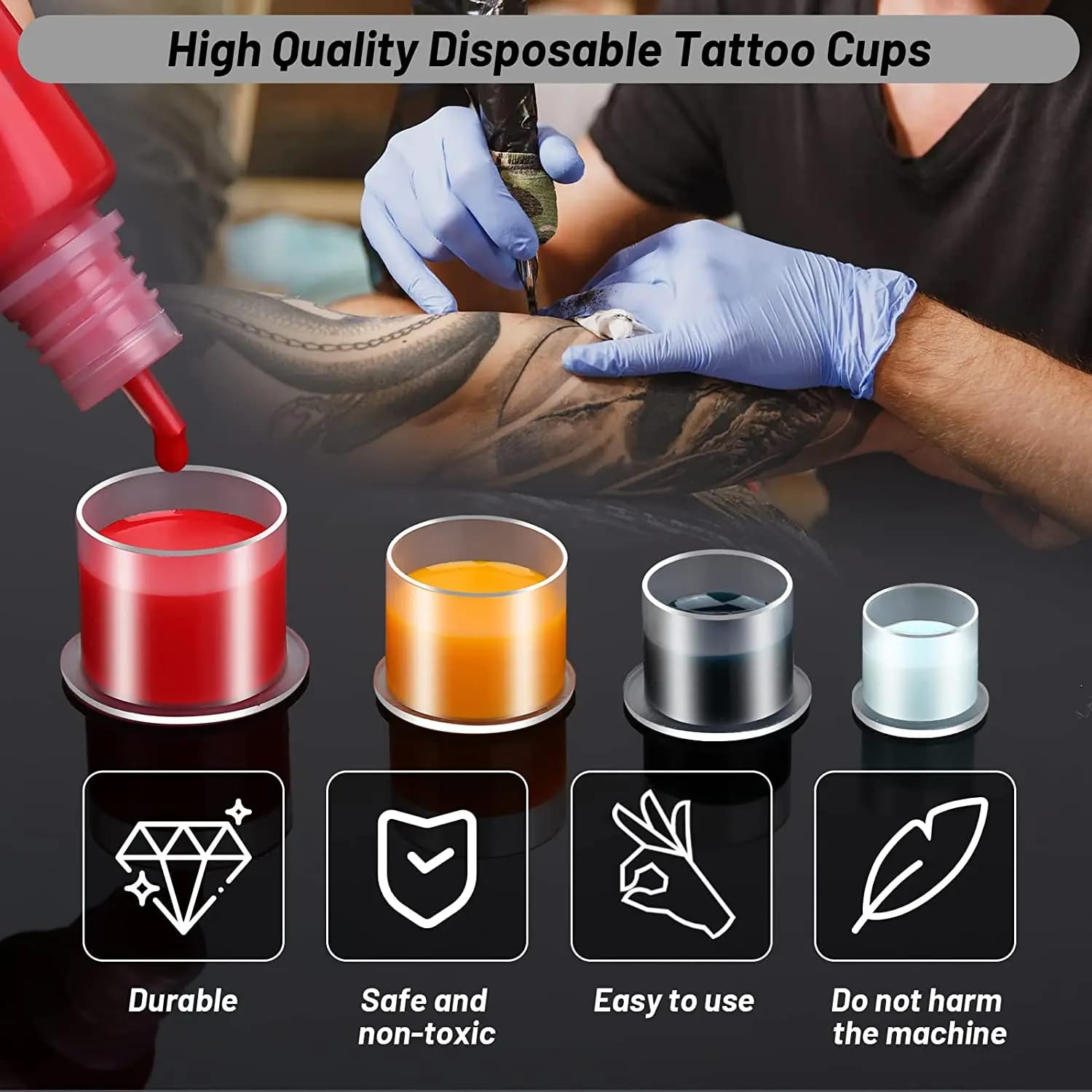 Yuelong 300pcs Ink Caps with Base Tattoo Ink Cups White Mixed #11 Small #14 Medium #17 Large Pigment Caps for Tattoo Permanent Makeup Container Cap Tattoo Accessory Tattoo Supplies Tattoo Kits