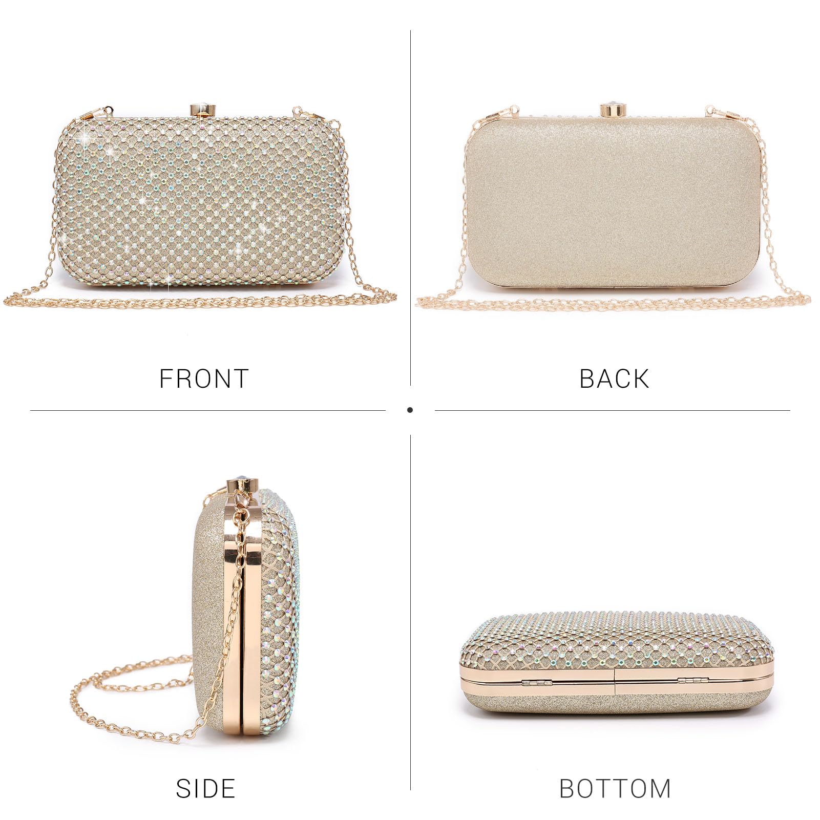 Dasein Womens Rhinestone Clutch Purse Sparkling Evening Bag with Crystal Clasp for Formal Prom Party Wedding (Gold)