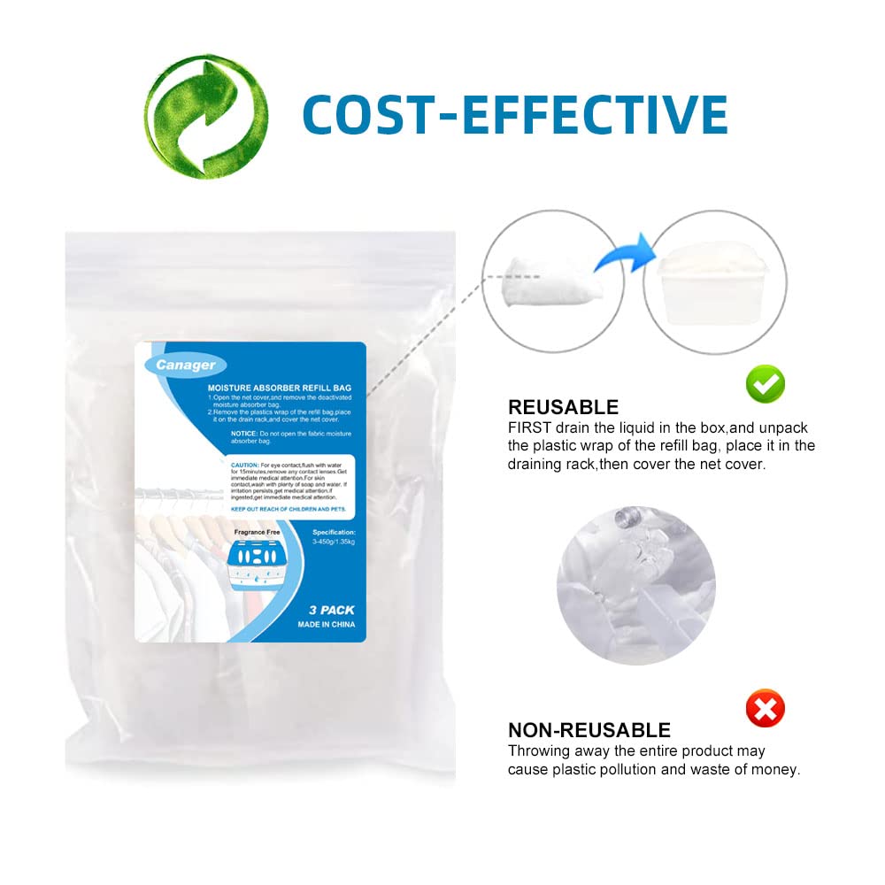 CANAGER Moisture Absorber Refill Bags 3 Packs, Fragrance Free, Individual Packaged Dehumidifier and Efficient Refill Moisture Absorber, Easy to Replace and Operate.