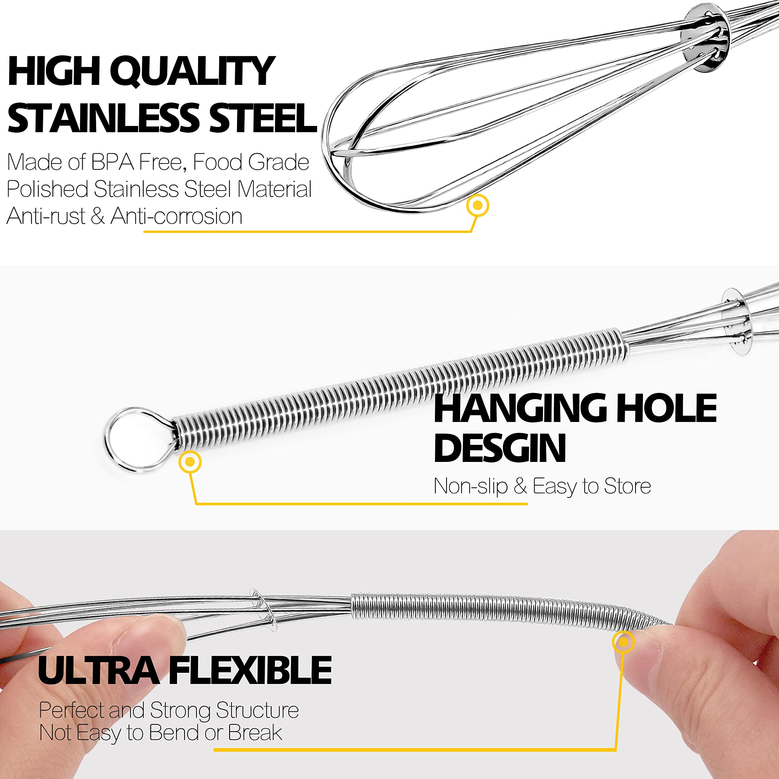 Anaeat Mini Wire Whisks, Set of 2 Portable Stainless Steel Kitchen Tiny Whisk & Egg Beater with Thick Wire - Sturdy Small Mixing Balloon for Cooking, Blending, Whiping, Beating and Stirring (5" + 7")